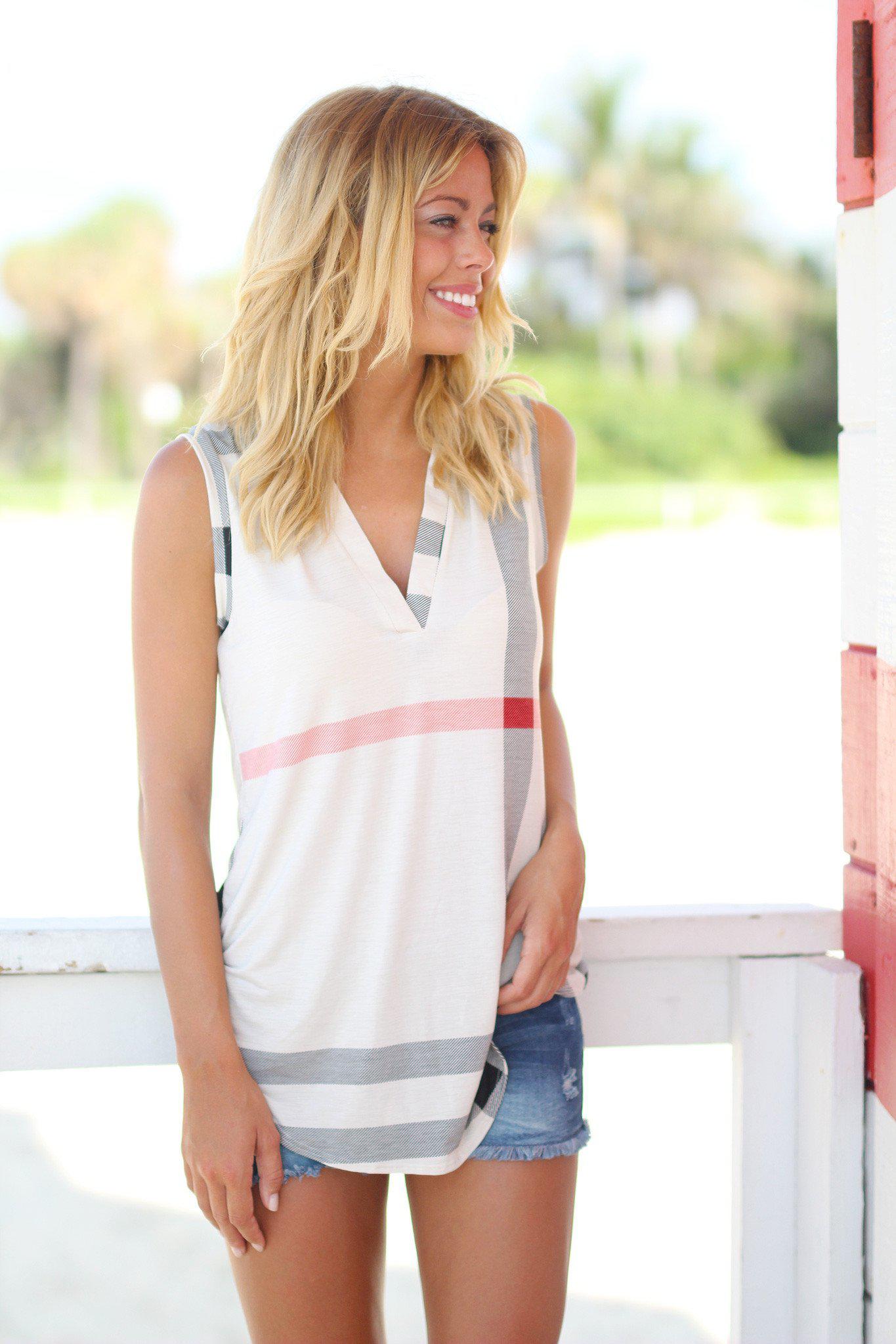 Beige Check Print Sleeveless Top | Beige Top | Cute Tops – Saved by the ...