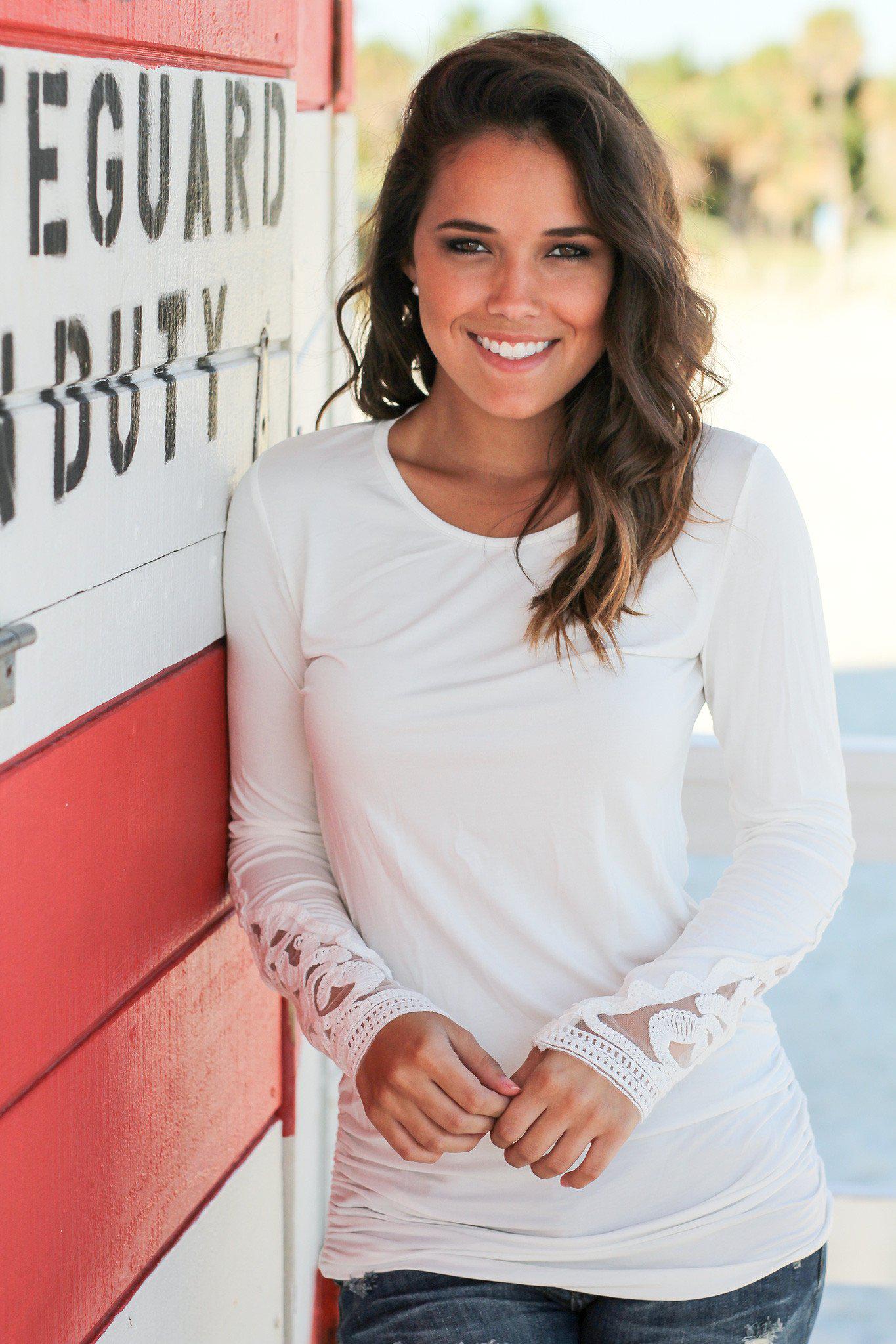 Ivory Ruched Top with Crochet Sleeves | Cute Tops – Saved by the Dress