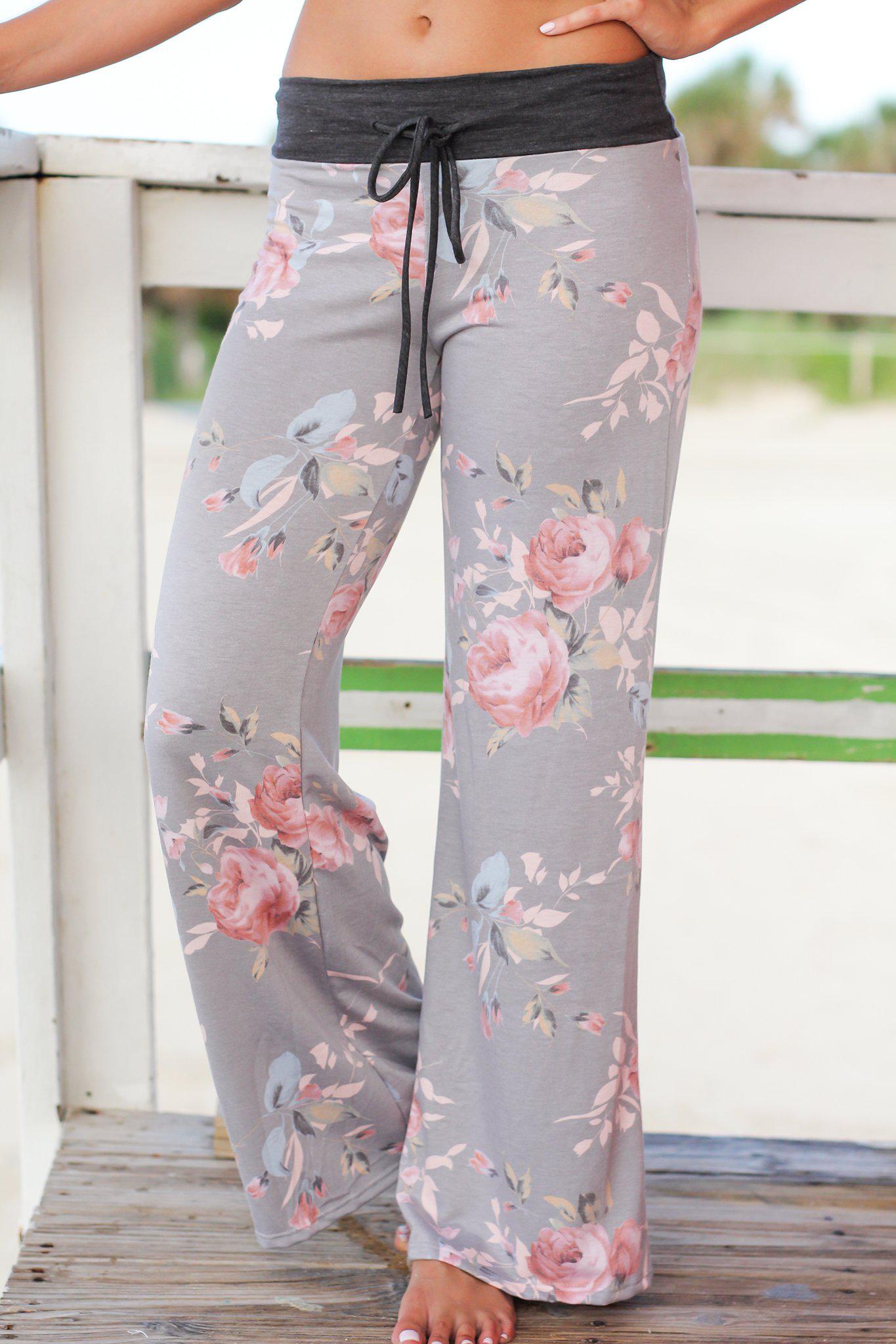 Light Gray Floral Pants | Online Boutiques – Saved by the Dress