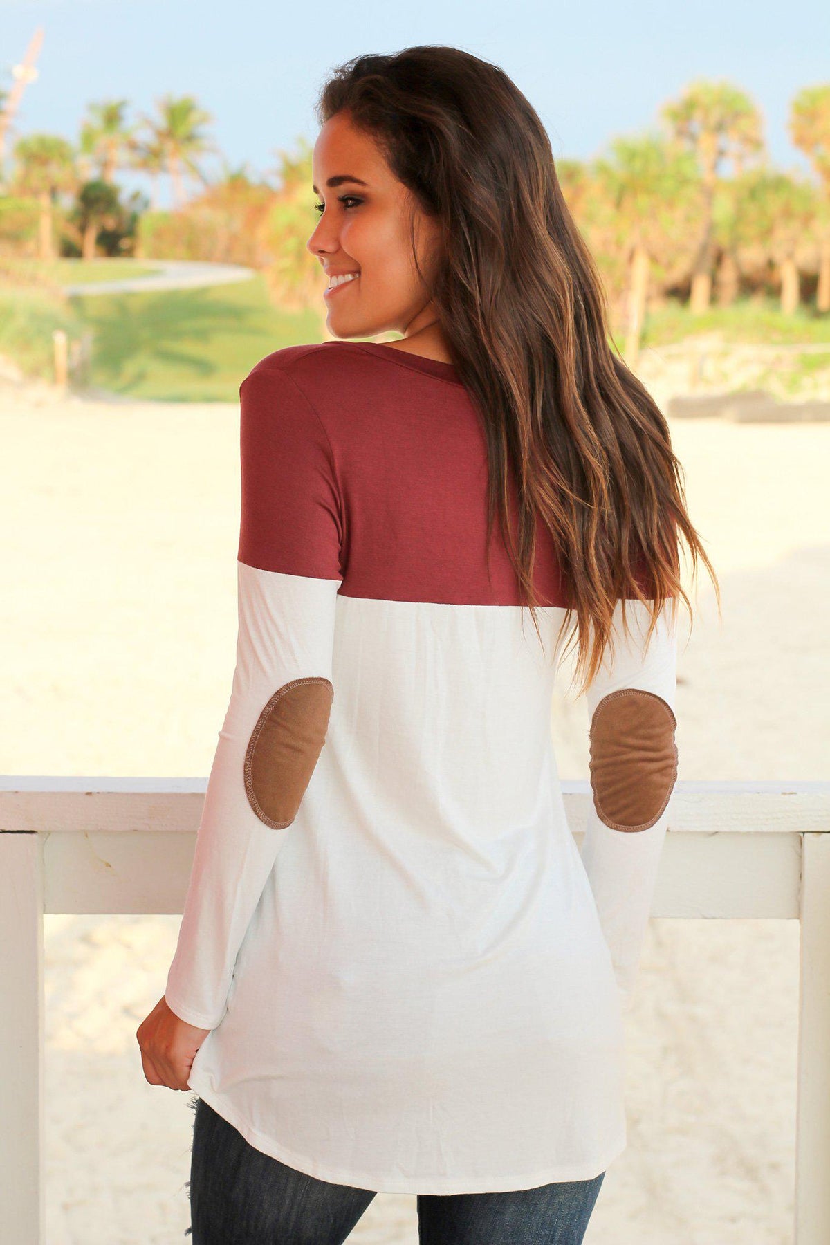 Mauve and White Top with Elbow Patches | Cute Tops – Saved by the Dress