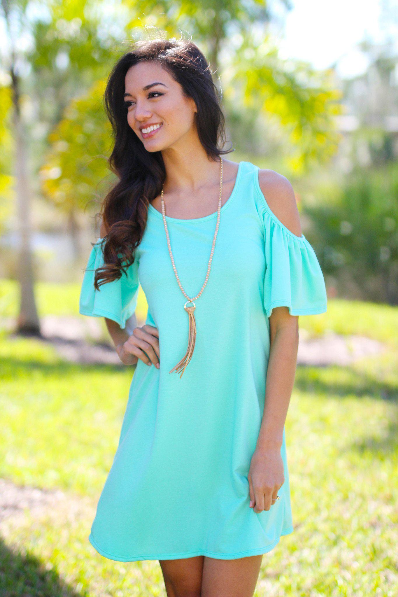 Mint Open Shoulder Ruffle Sleeves Tunic | Mint Tunic – Saved by the Dress