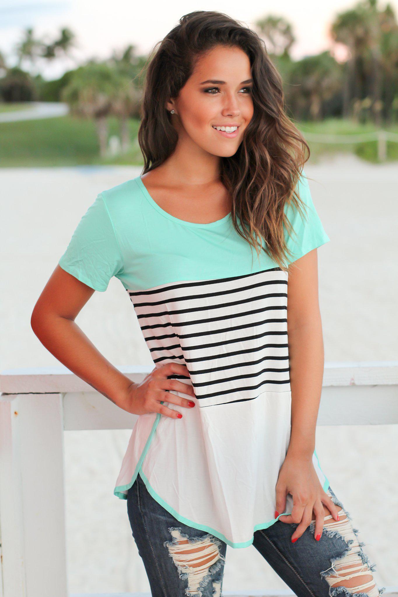 Mint Short Sleeve Color Block Top | Cute Tops – Saved by the Dress