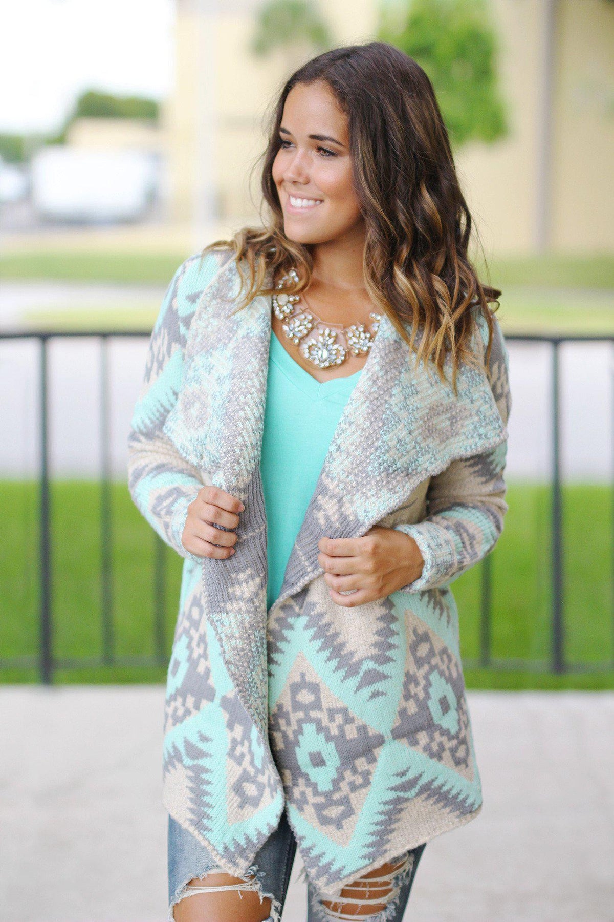 Mint and Gray Aztec Cardigan | Aztec Print Cardigan | Online Boutique ...