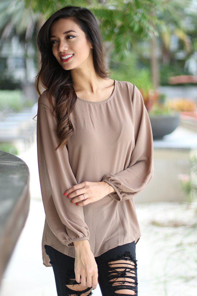 Mocha Chiffon Top With Lace Back | Cute Mocha Top – Saved by the Dress