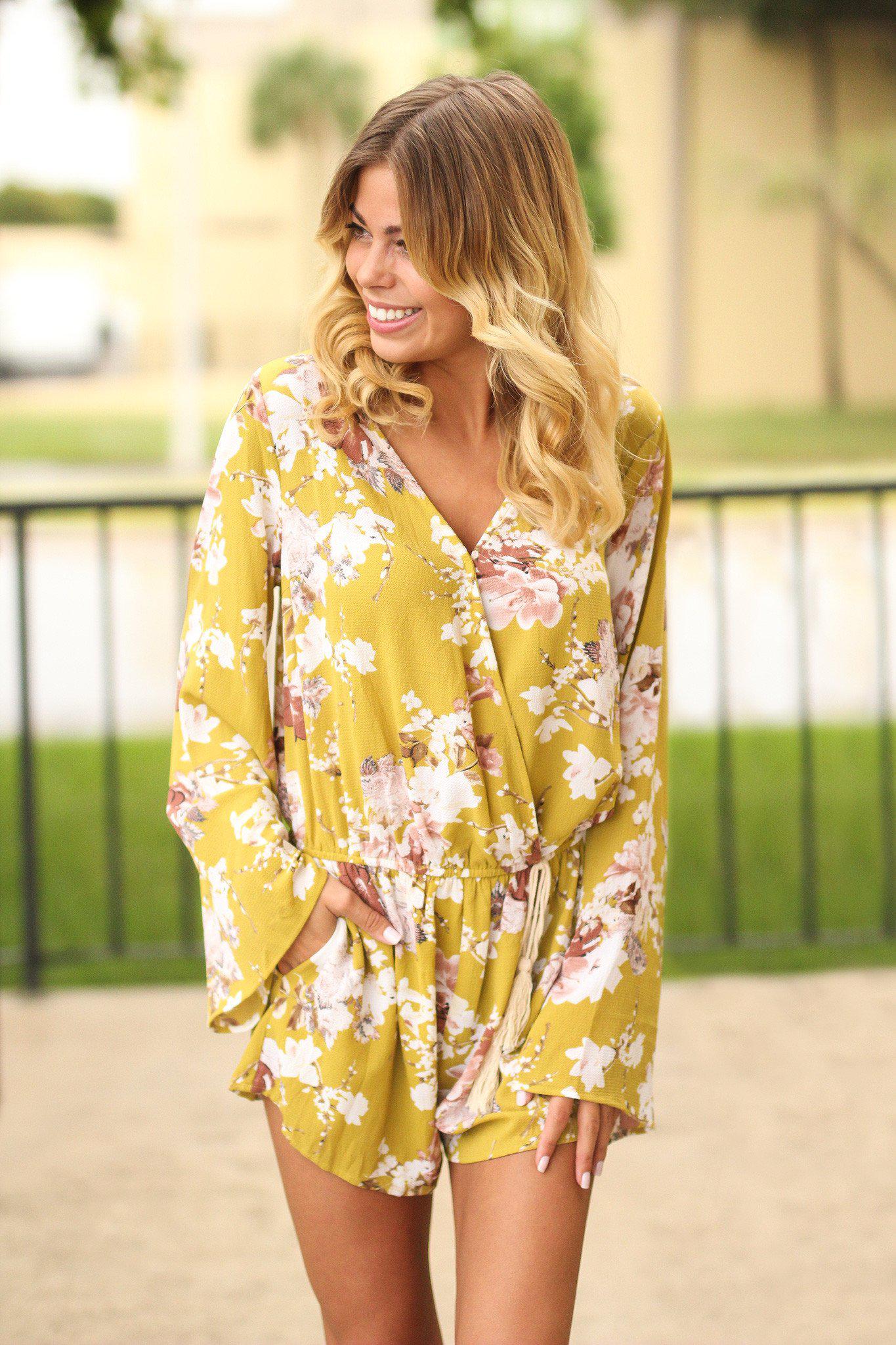 Mustard Floral Print V-Neck Romper | Floral Print Romper | Online ...