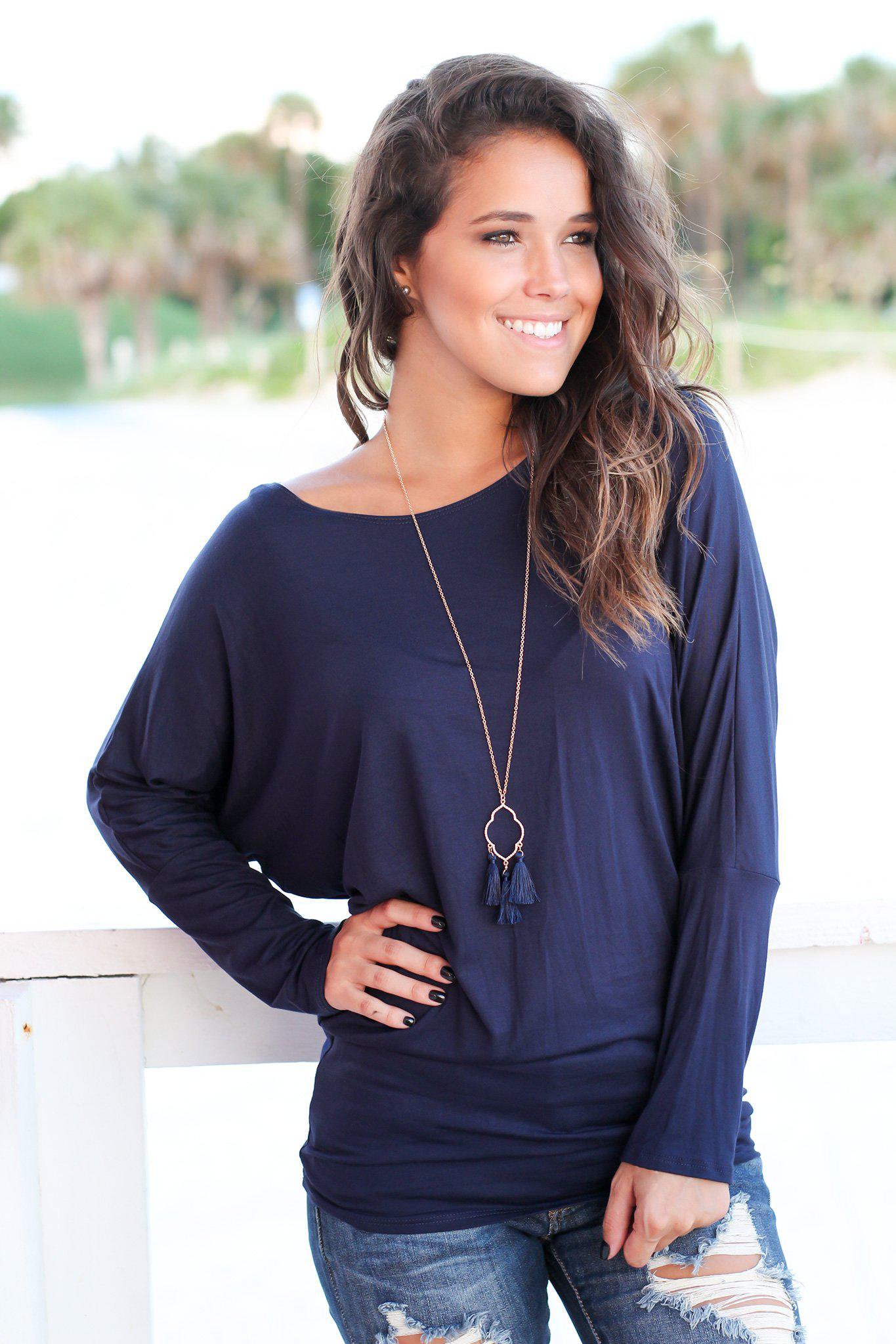 Navy Long Sleeve Top | Cute Tops – Saved by the Dress