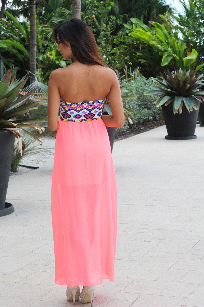 Neon Coral Maxi Dress With Aztec Top – Saved by the Dress