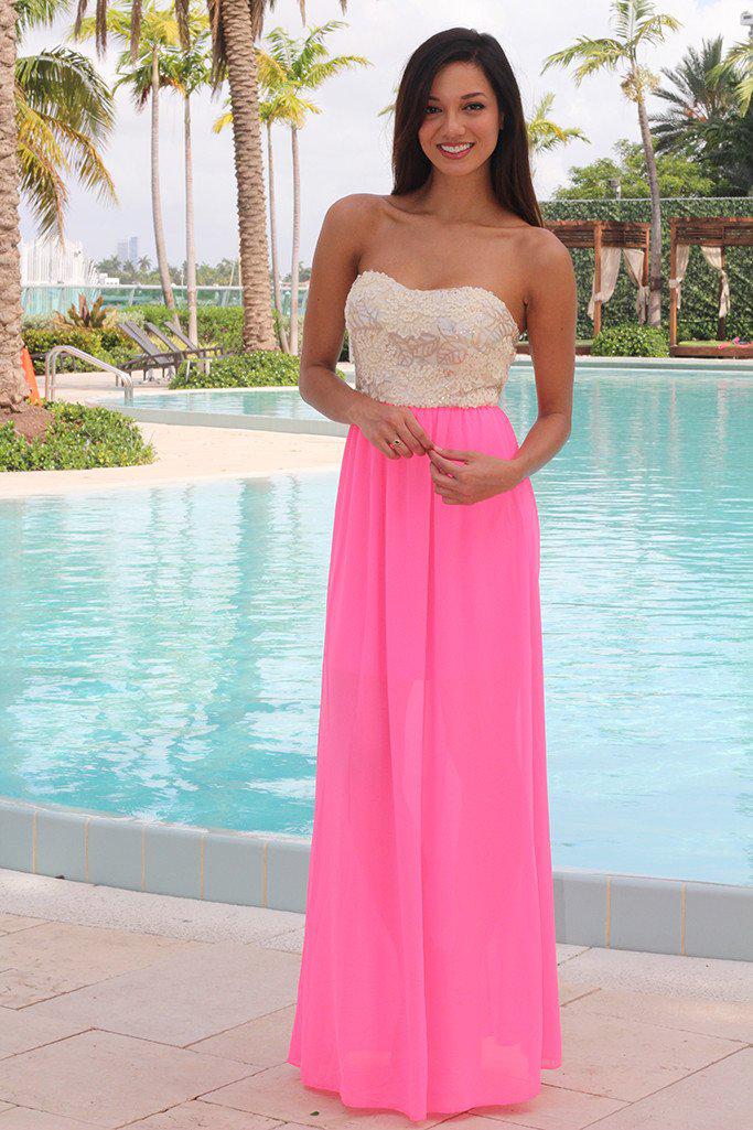 Neon Pink Maxi Dress with Sequin Top | Long Dress – Saved by the Dress