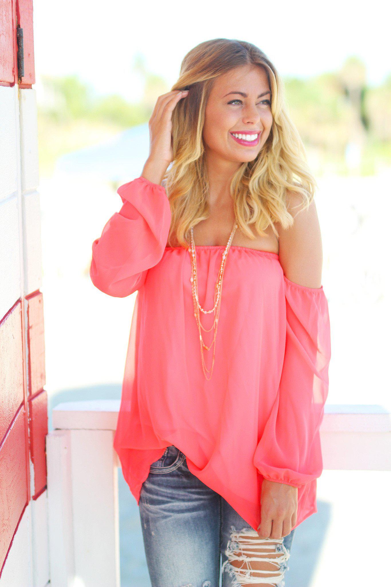 Neon Coral Off Shoulder Long Sleeve Top – Saved by the Dress