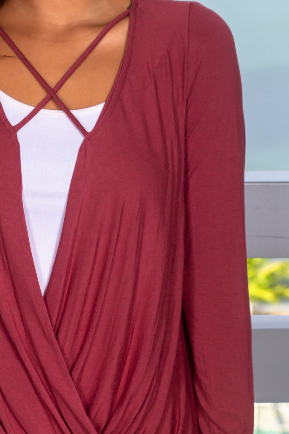 Maroon Criss Cross Draped Top | Cute Tops – Saved by the Dress