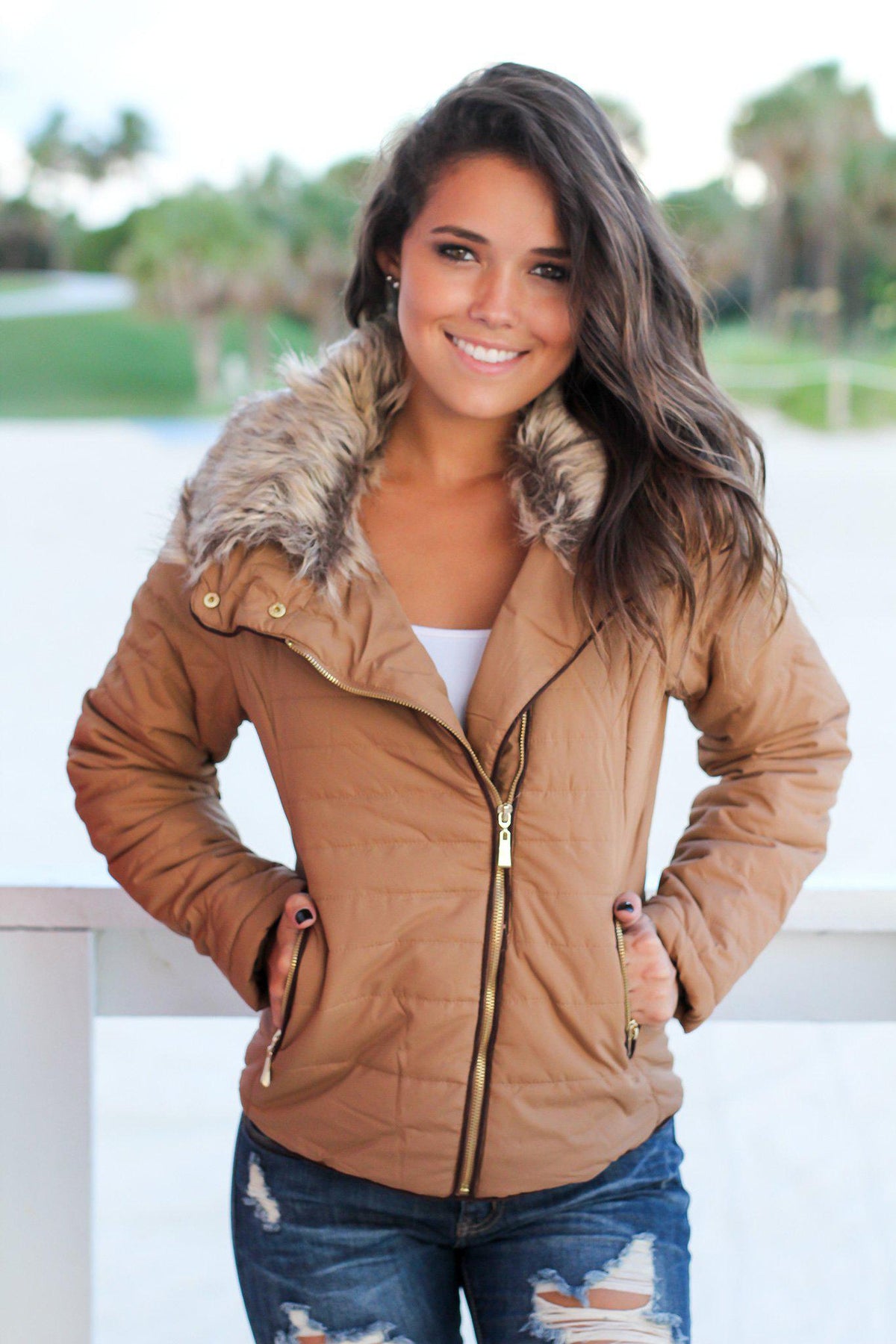 Camel Quilted Jacket with Side Zipper | Jackets – Saved by the Dress