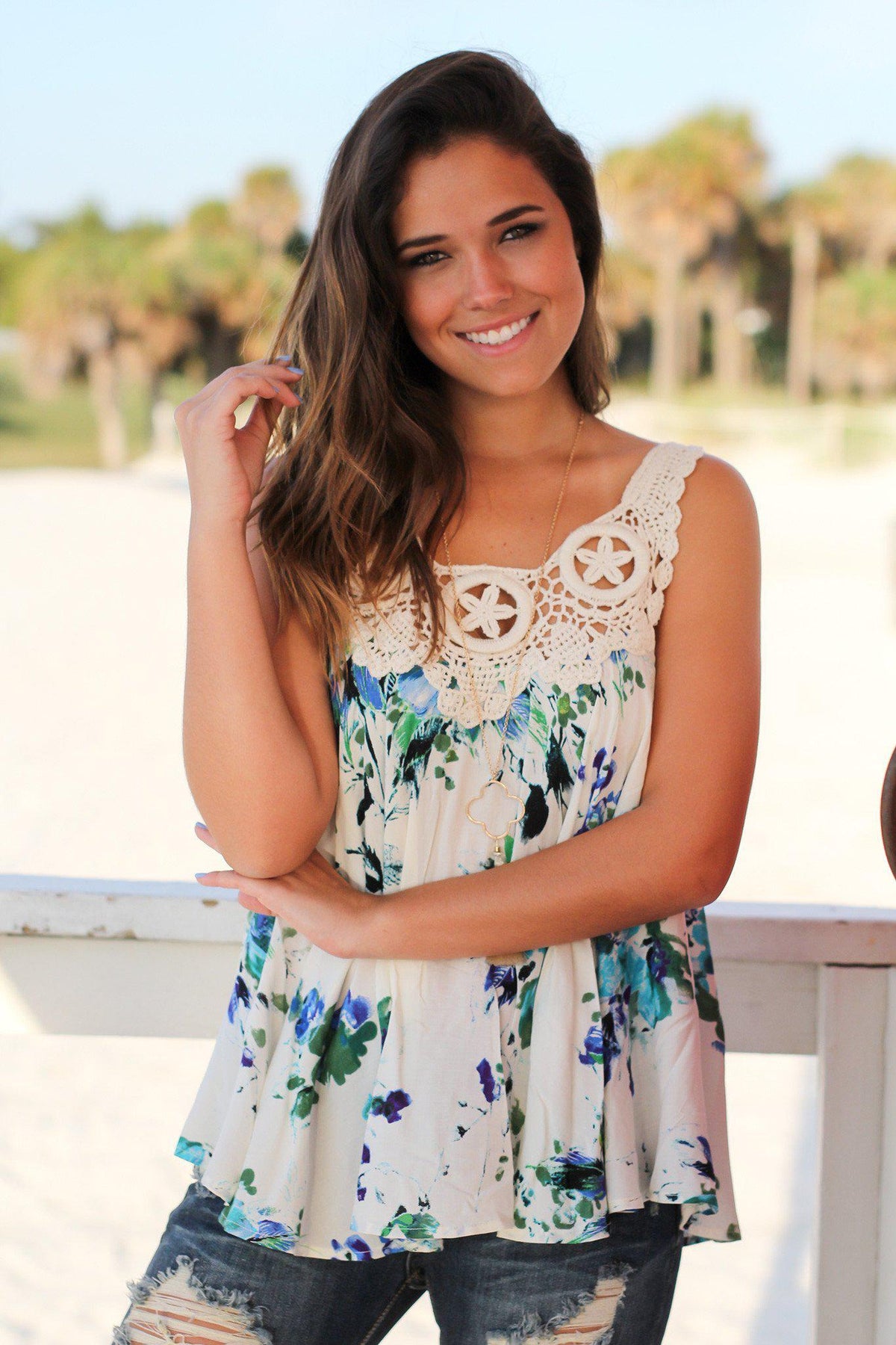 Ivory Floral Top with Crochet Detail | Cute Tops – Saved by the Dress