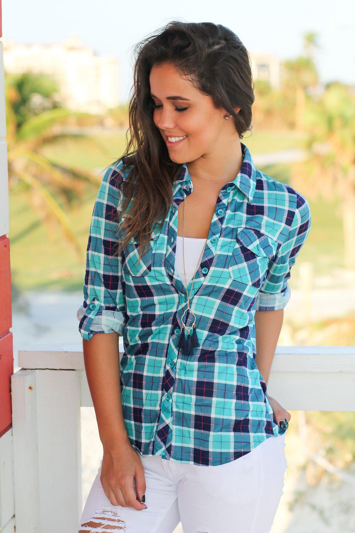Teal Multi Colored Plaid Top | Cute Tops – Saved by the Dress