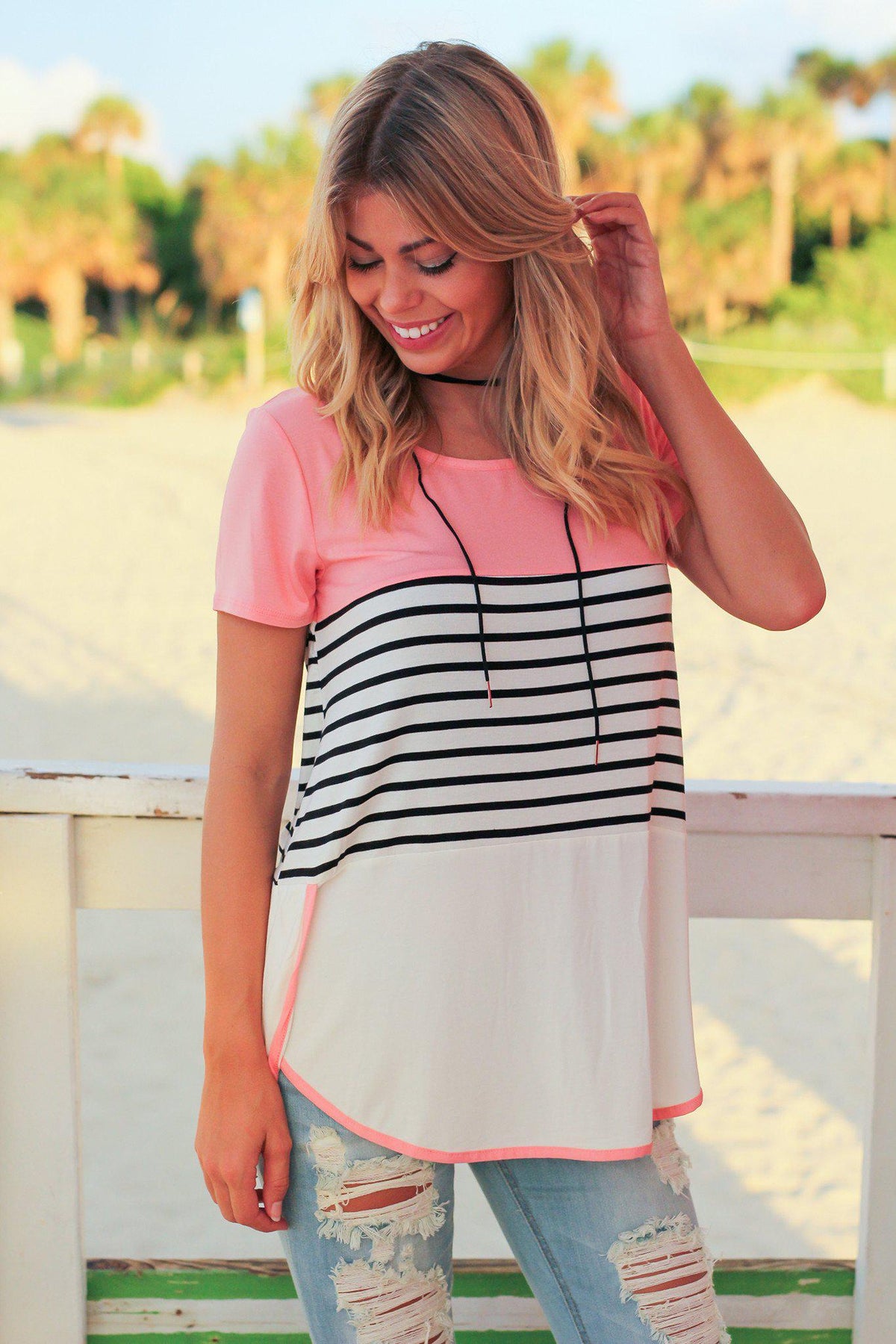 Pink Short Sleeve Color Block Top | Cute Tops – Saved by the Dress