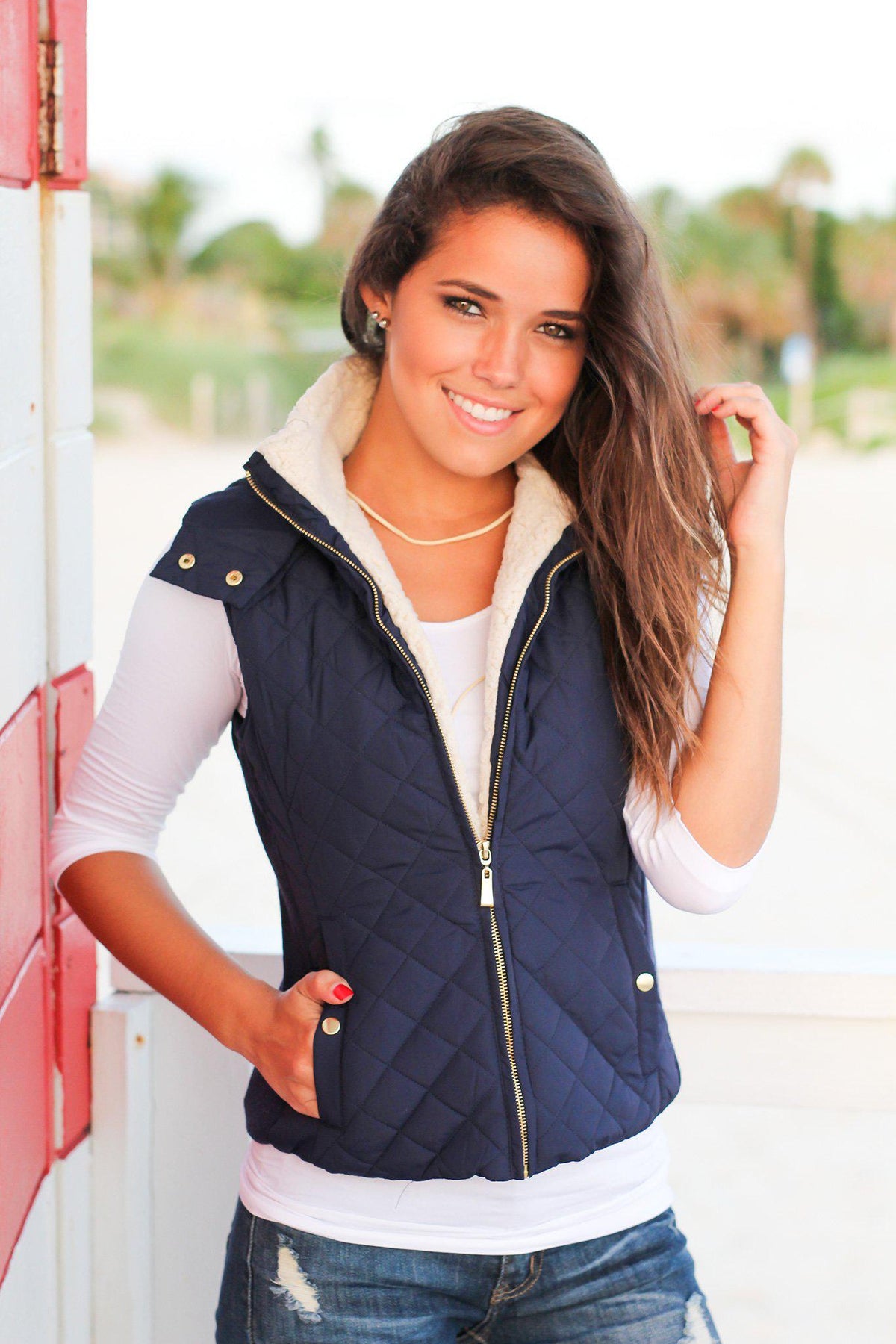 Navy Quilted Vest with Fur Collar | Vests – Saved by the Dress