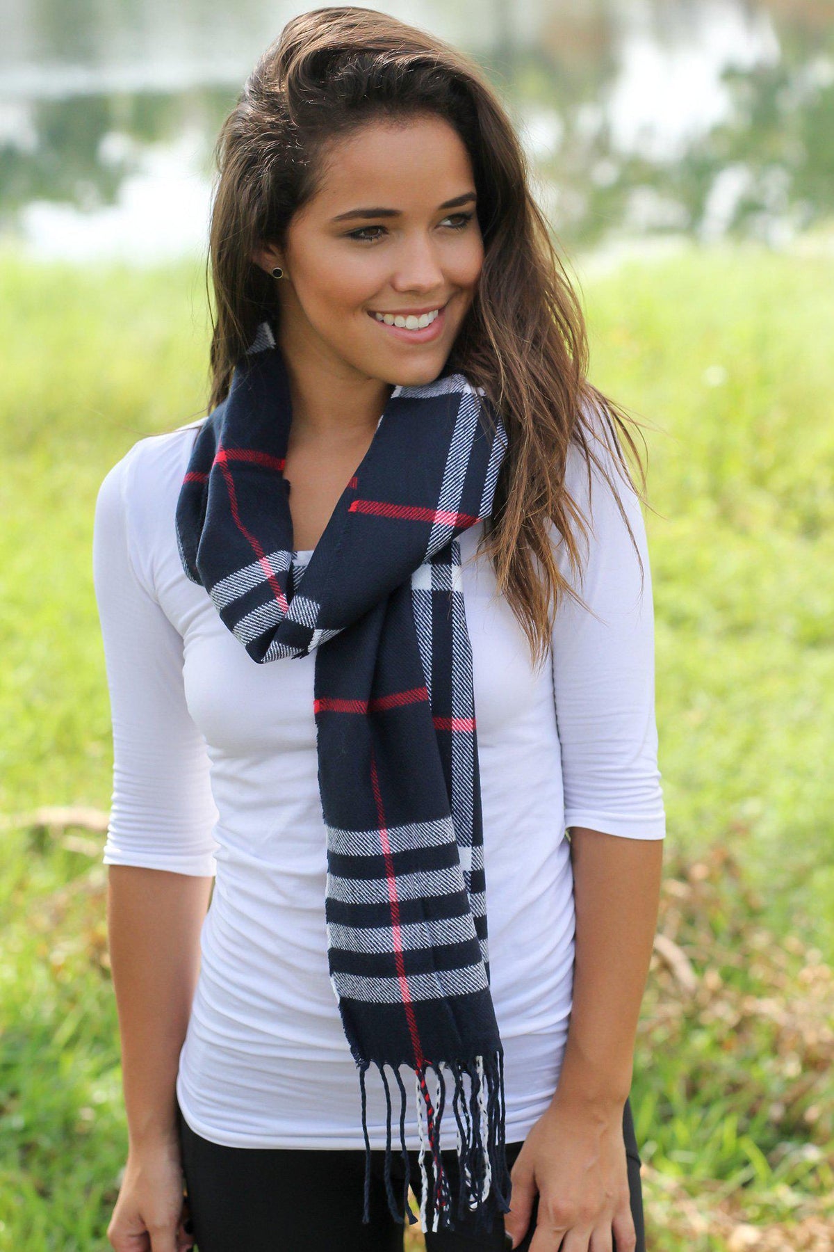 Navy Plaid Scarf with Fringe | Online Boutiques – Saved by the Dress