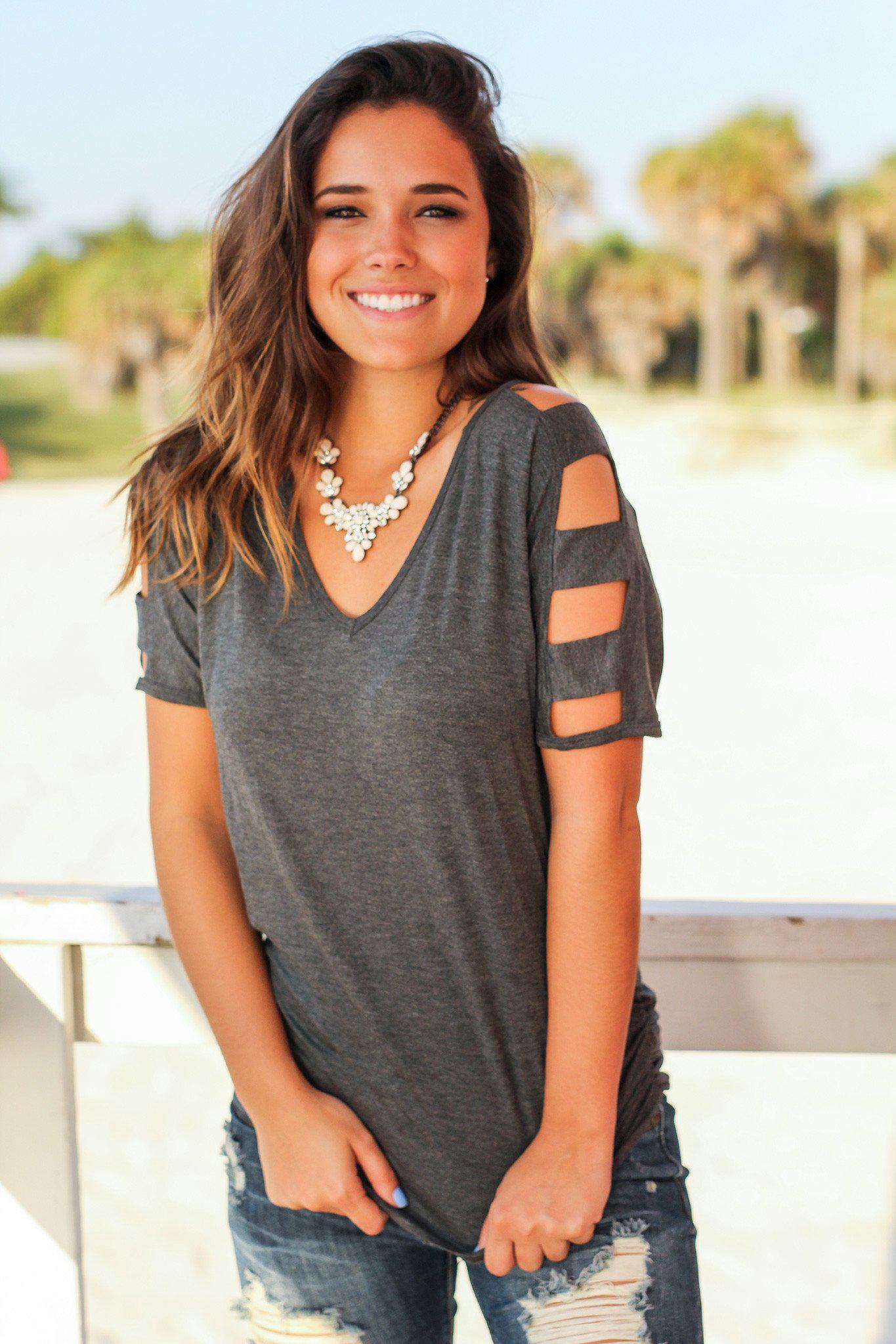 Charcoal Top with Strap Detail Sleeves | Cute Tops – Saved by the Dress