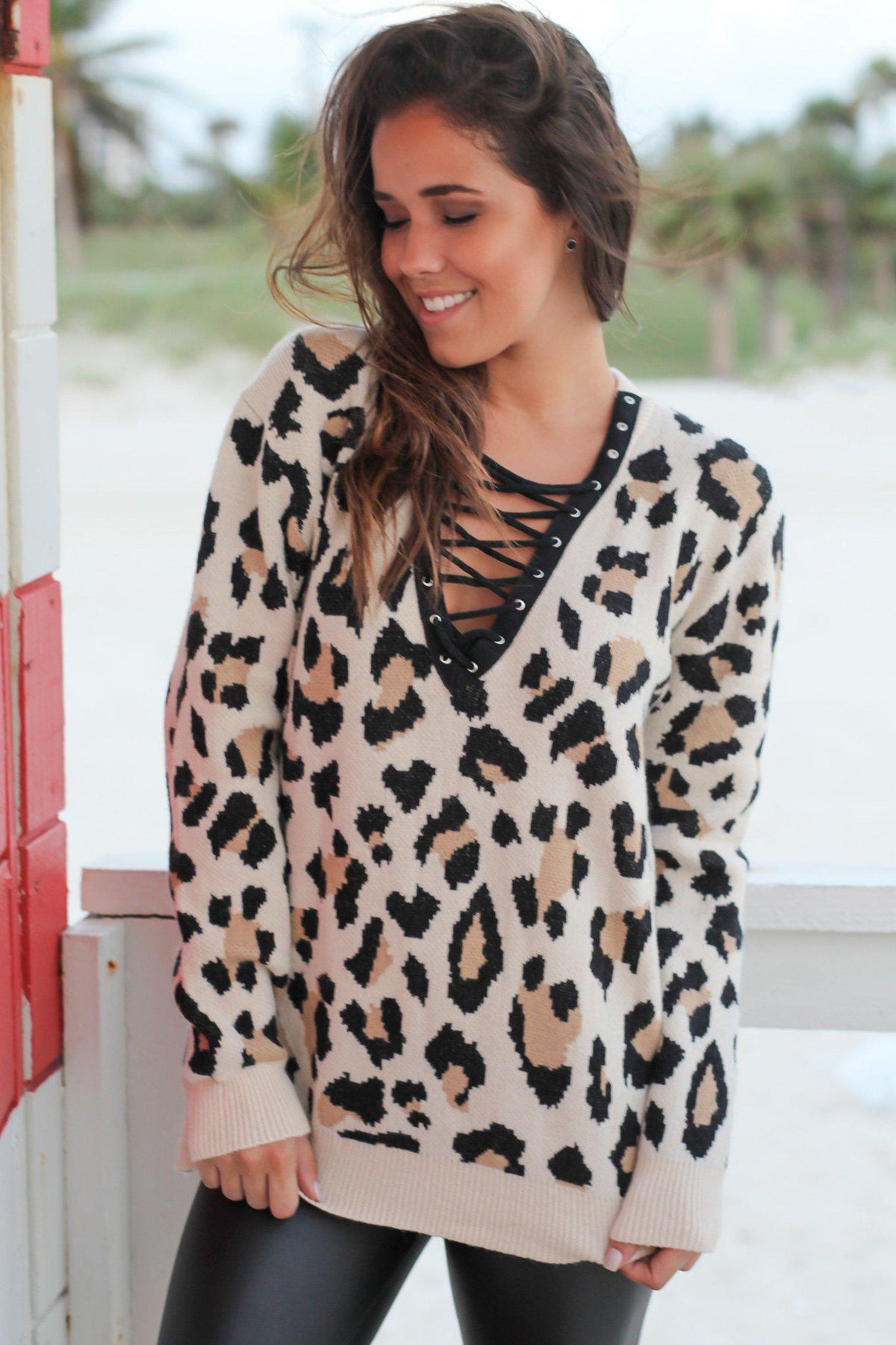 Cheetah Print Lace Up Sweater | Sweaters – Saved by the Dress