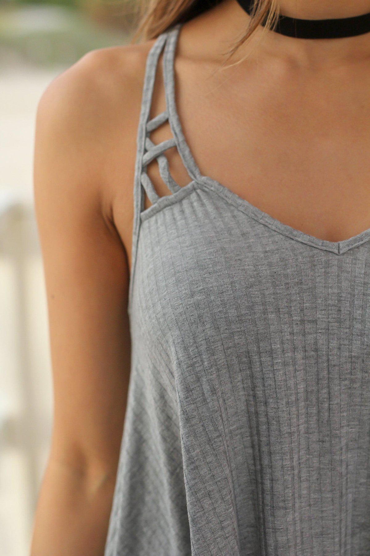 Gray Ribbed Tank Top with Strappy Back | Cute Tops – Saved by the Dress
