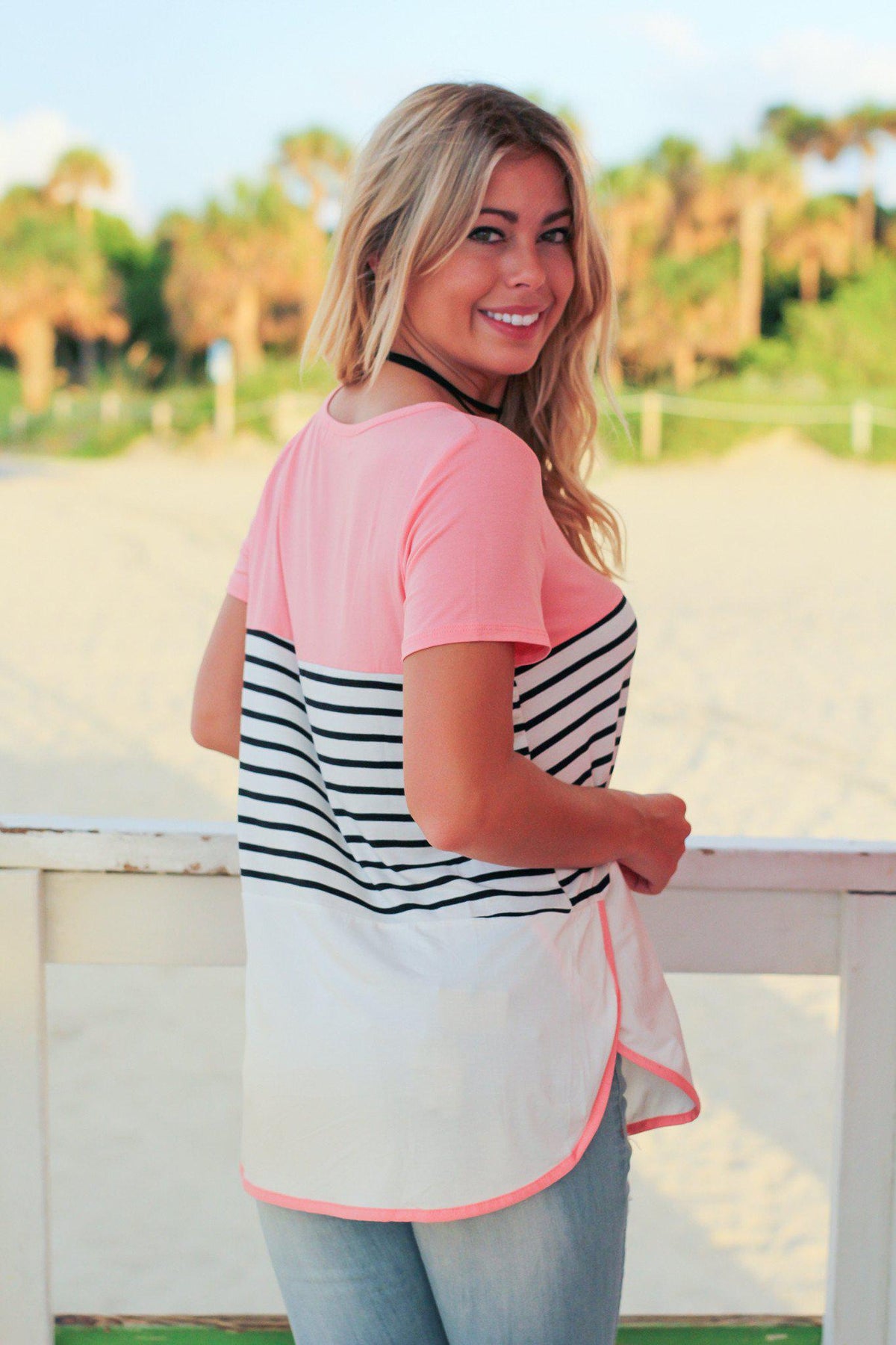 Pink Short Sleeve Color Block Top | Cute Tops – Saved by the Dress