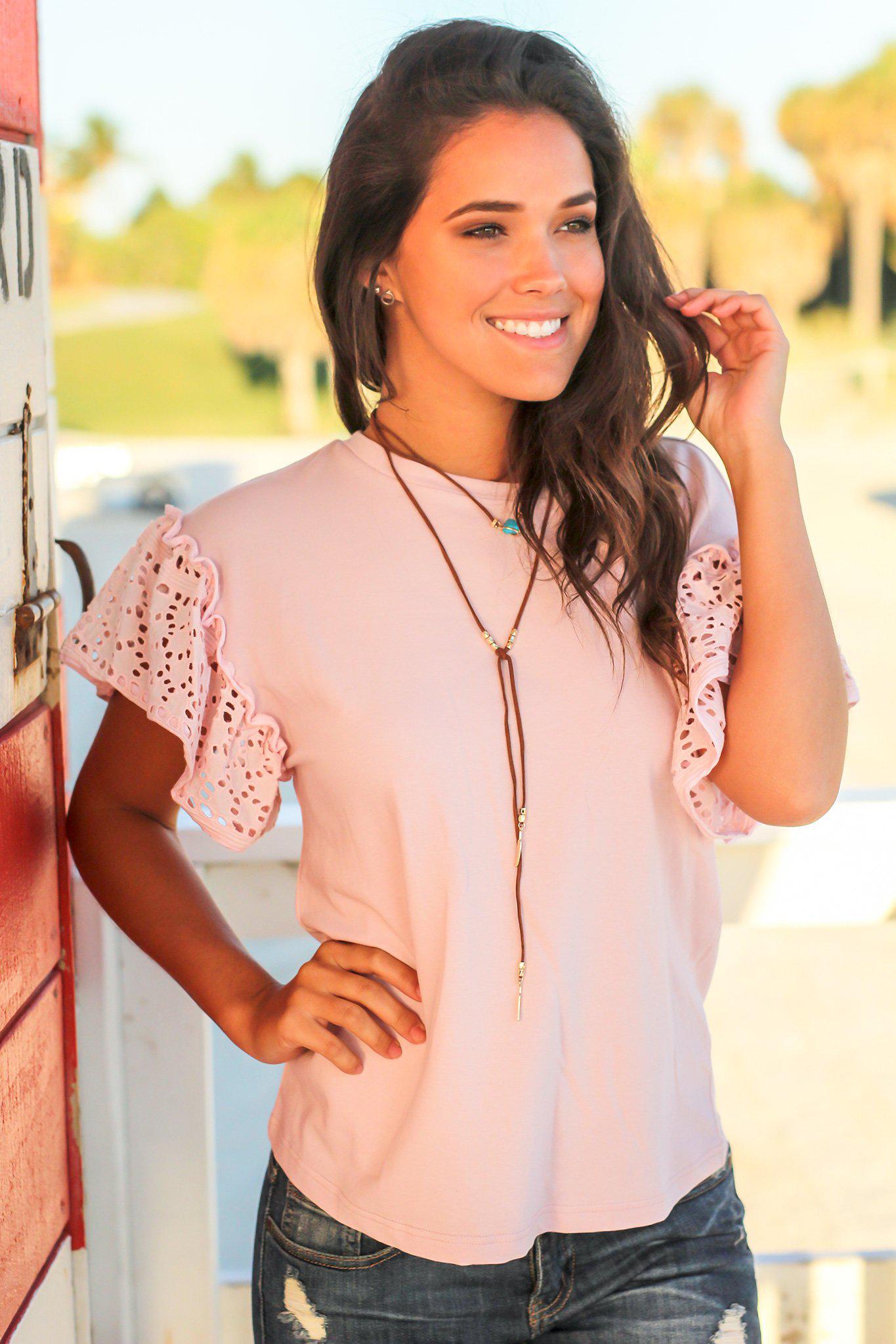 Misty Pink Top with Crochet Ruffled Sleeves | Cute Tops – Saved by the ...