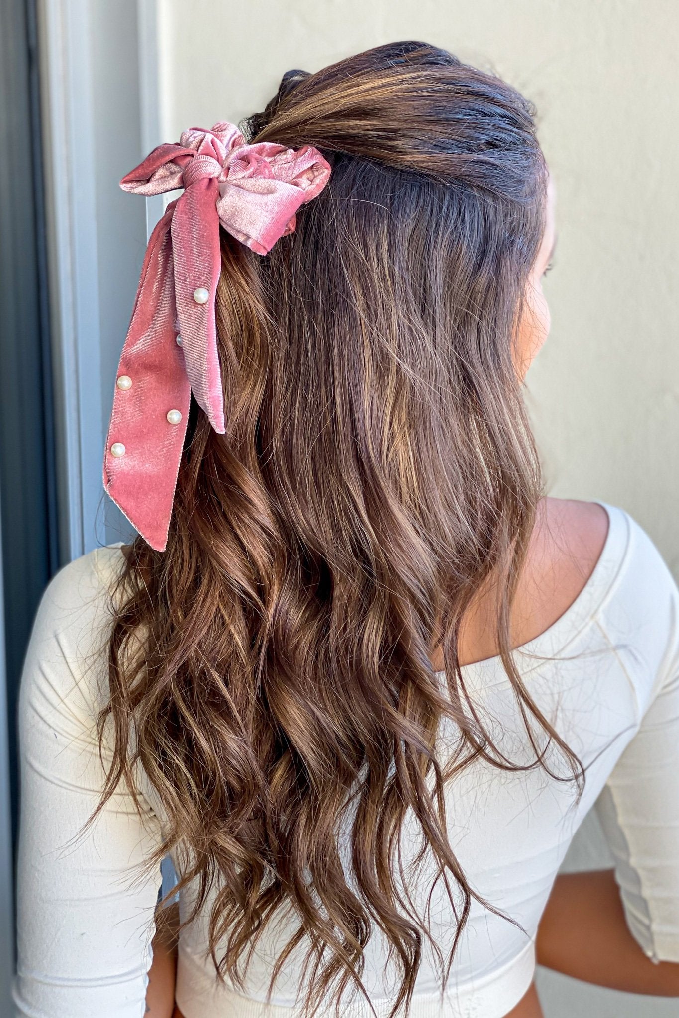 Pink Velvet Scrunchie with Bow | Accessories – Saved by the Dress