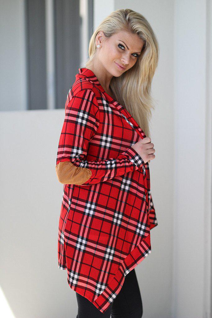 Red Plaid Cardigan With Elbow Patches | Red Cardigan – Saved by the Dress
