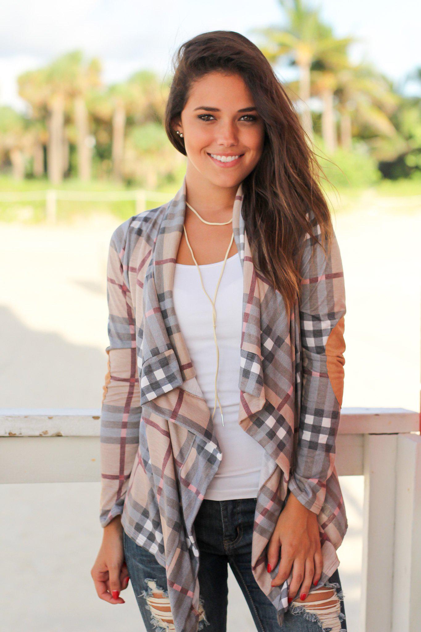 Mocha Plaid Cardigan with Elbow Patches | Cardigans – Saved by the Dress