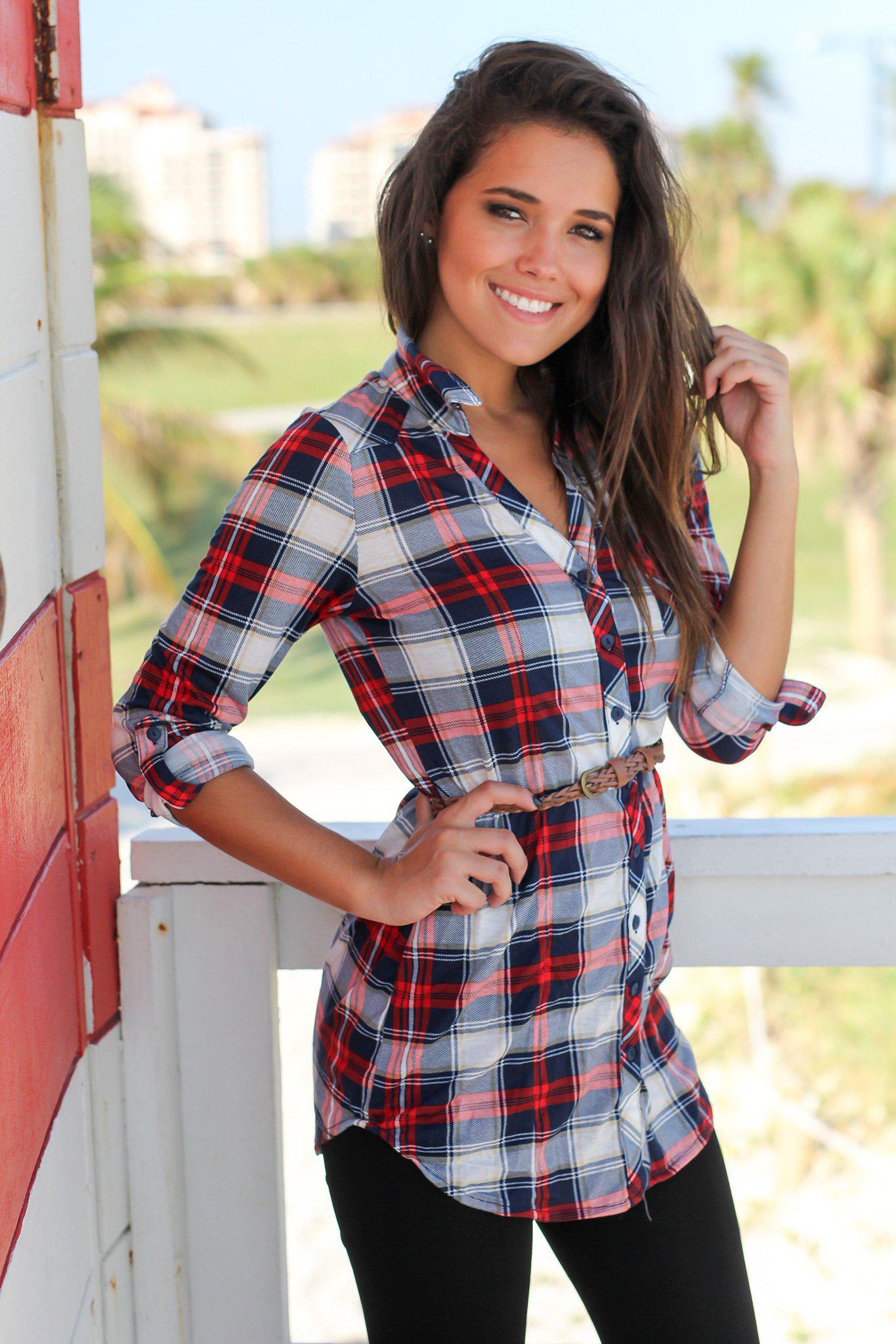 Navy and Red Plaid Tunic with Belt | Cute Tops – Saved by the Dress