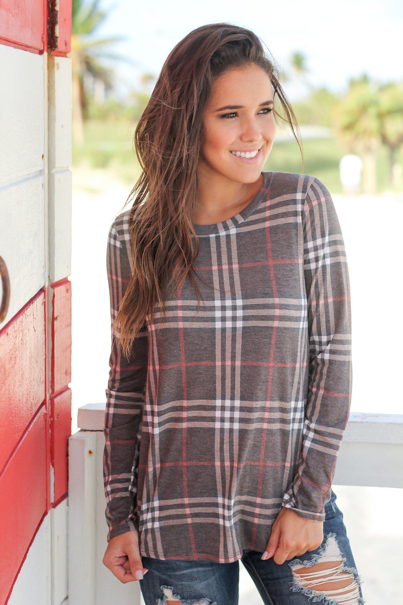 Mocha Plaid Long Sleeve Top | Cute Tops – Saved by the Dress