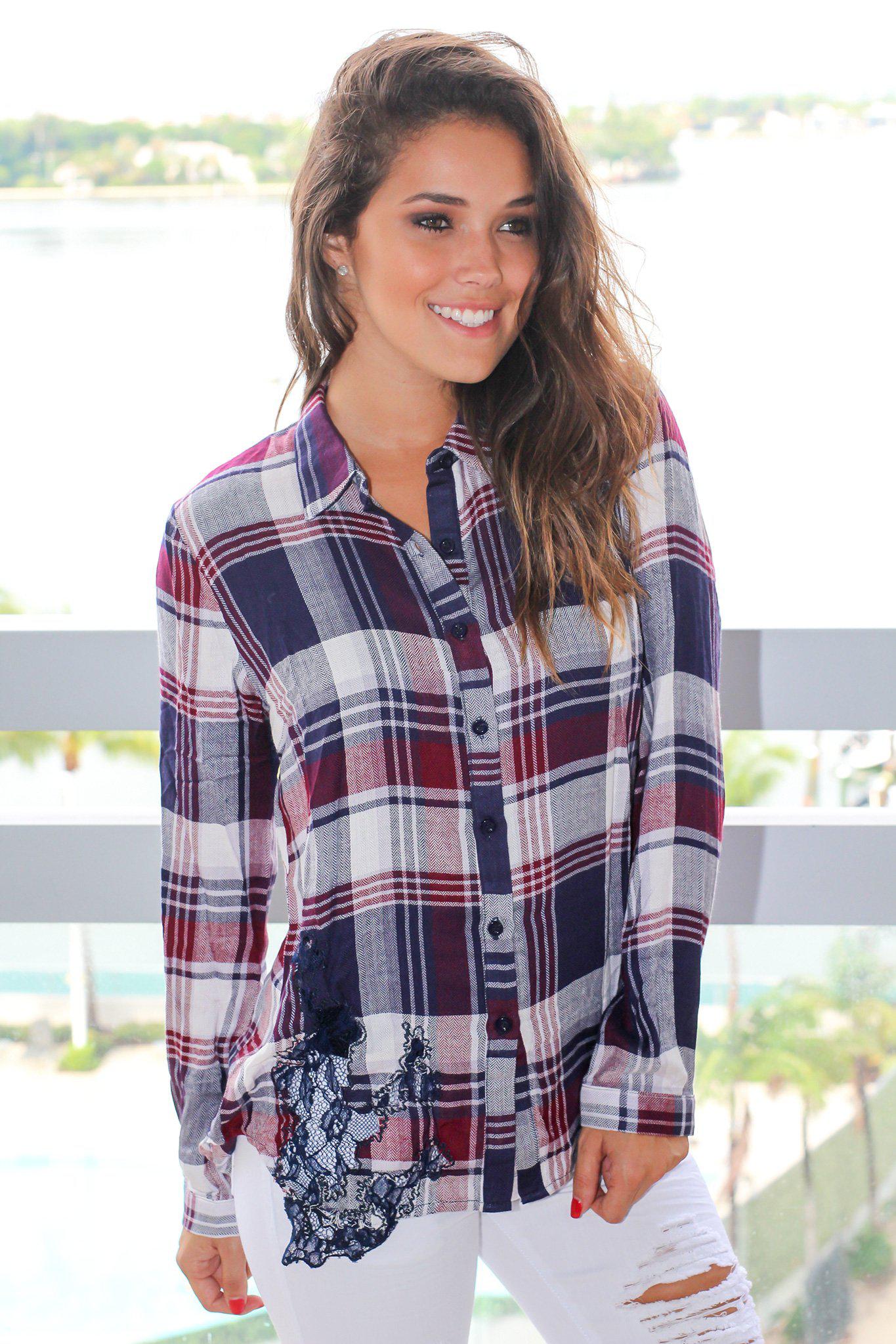 Burgundy and Navy Plaid Top with Lace Detail | Cute Tops – Saved by the ...