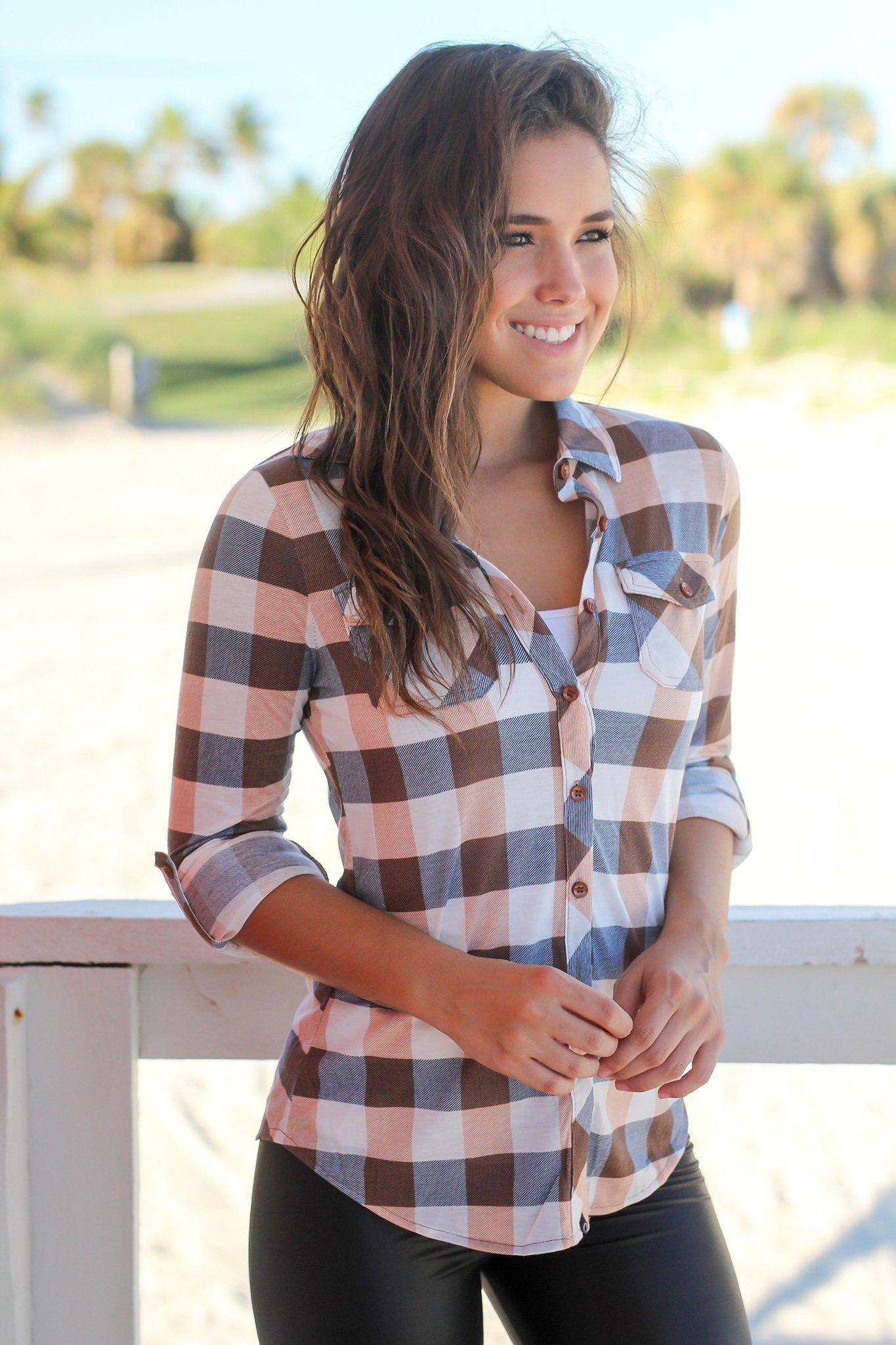 Navy and Brown Plaid Top Plaid Top | Cute Tops – Saved by the Dress