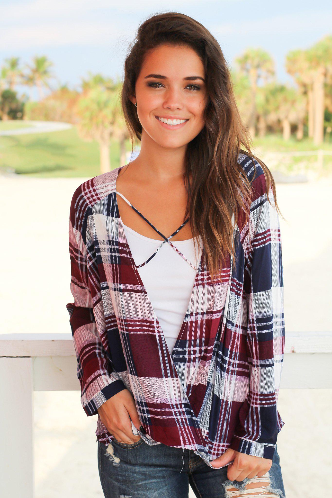 Burgundy and Navy Plaid Criss Cross Draped Top | Cute Tops – Saved by ...