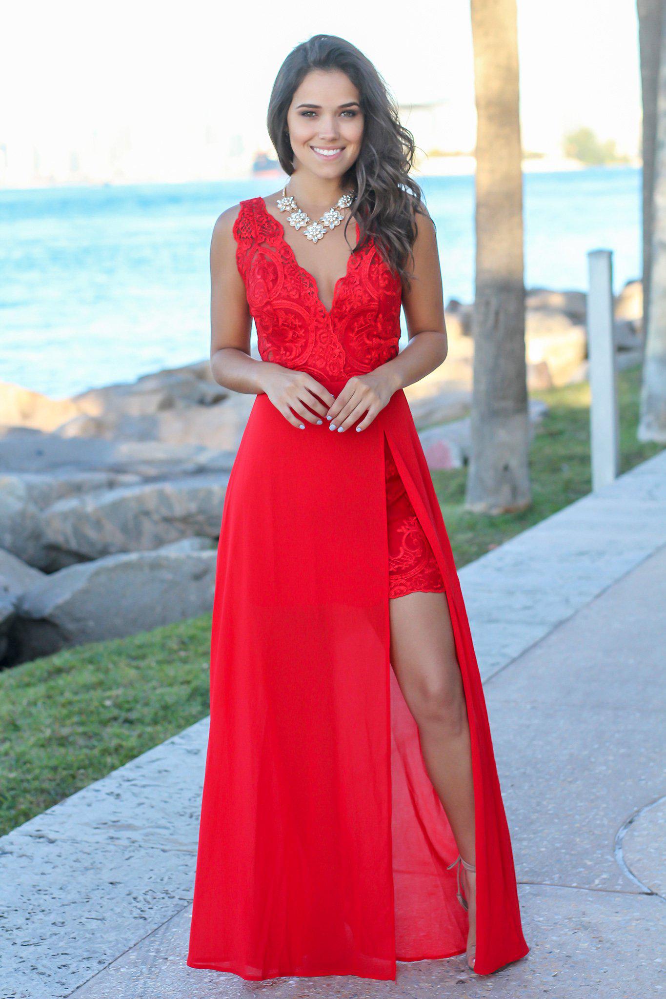 Red Embroidered Maxi Dress with Side Slit | Maxi Dresses – Saved by the ...
