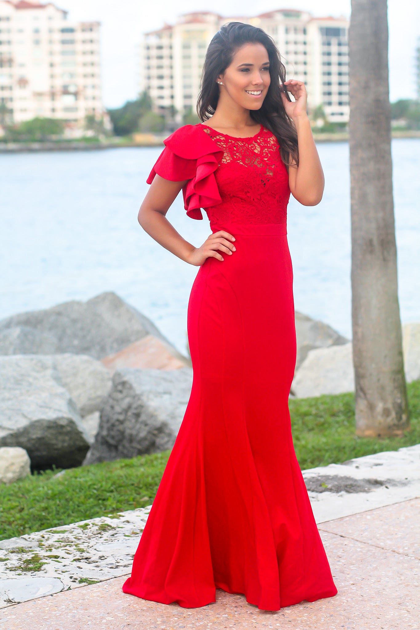 Red Maxi Dress with Crochet Top and Ruffle Sleeve | Maxi Dresses ...
