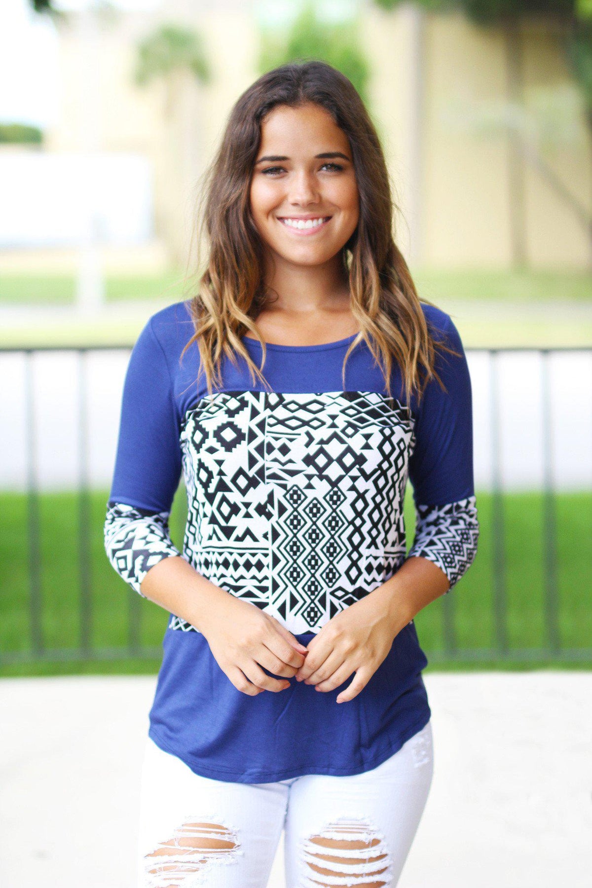 Royal Blue Aztec Top with 3/4 Sleeves – Saved by the Dress
