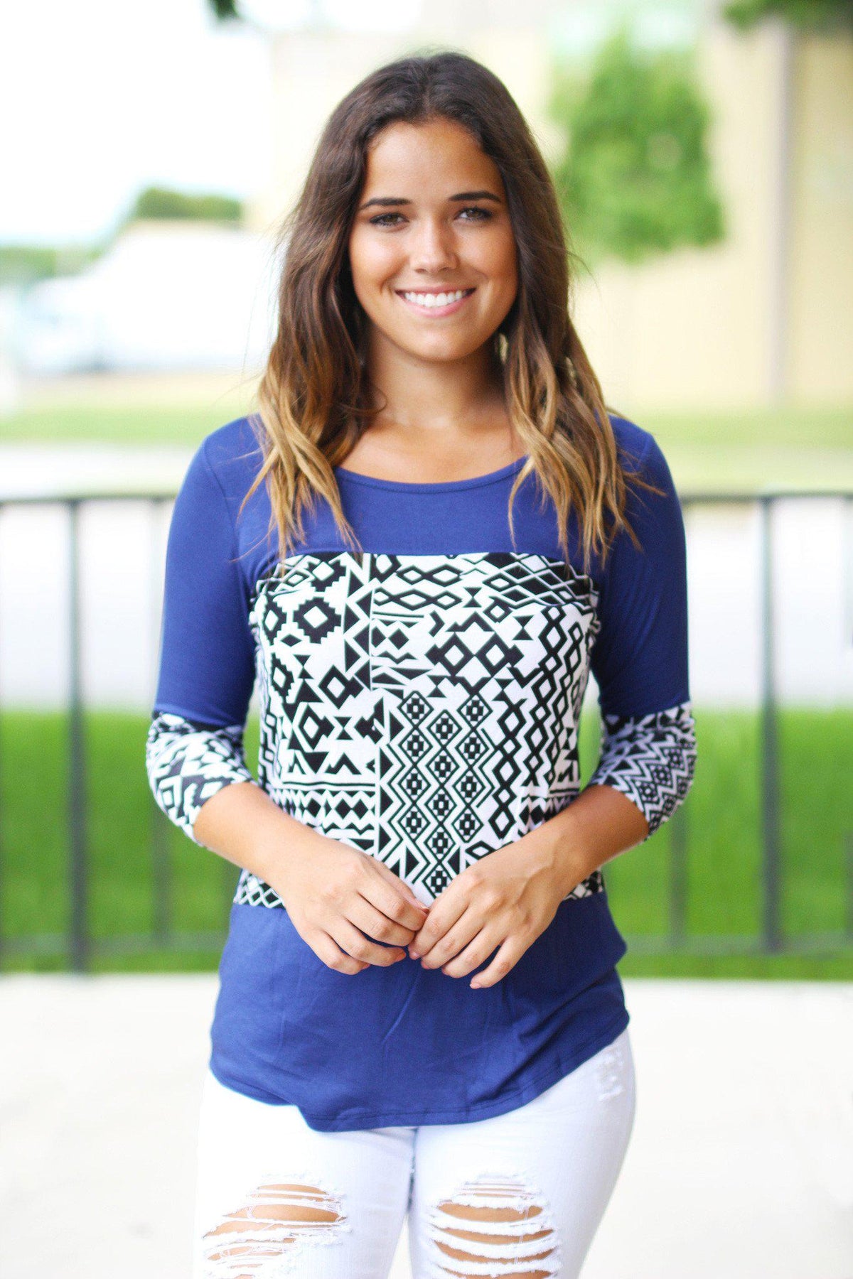 Royal Blue Aztec Top with 3/4 Sleeves – Saved by the Dress