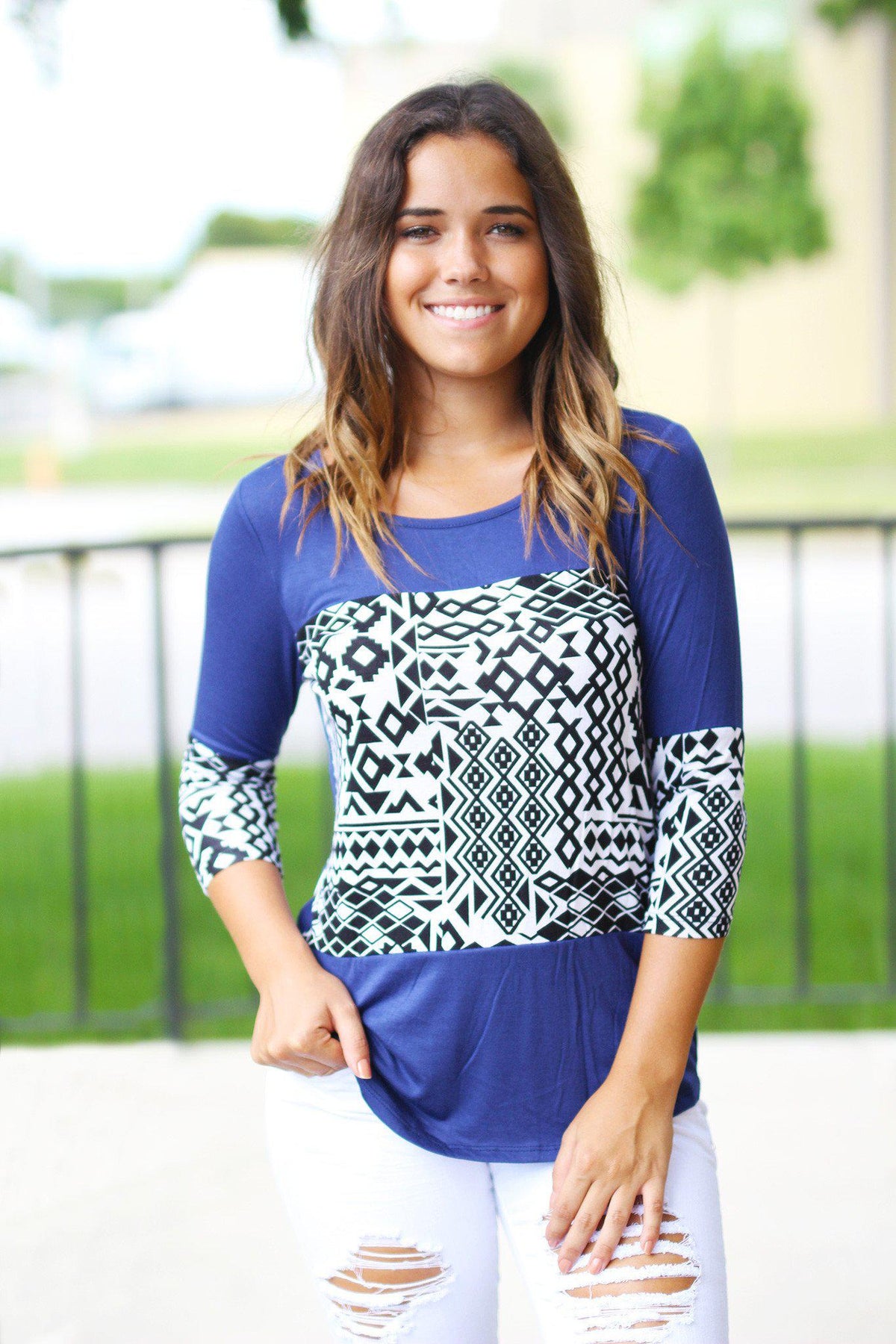 Royal Blue Aztec Top with 3/4 Sleeves – Saved by the Dress
