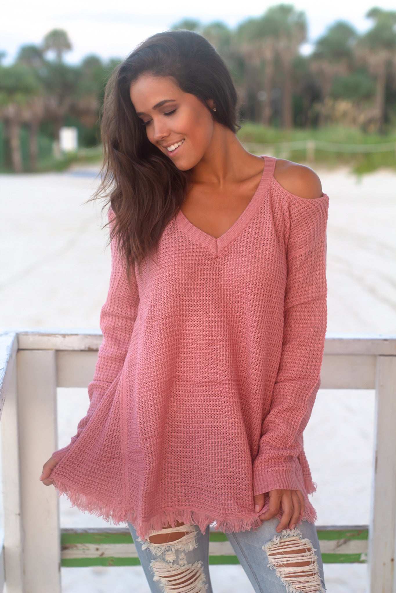 Dusty Mauve Knit Cold Shoulder Sweater | Sweaters – Saved by the Dress