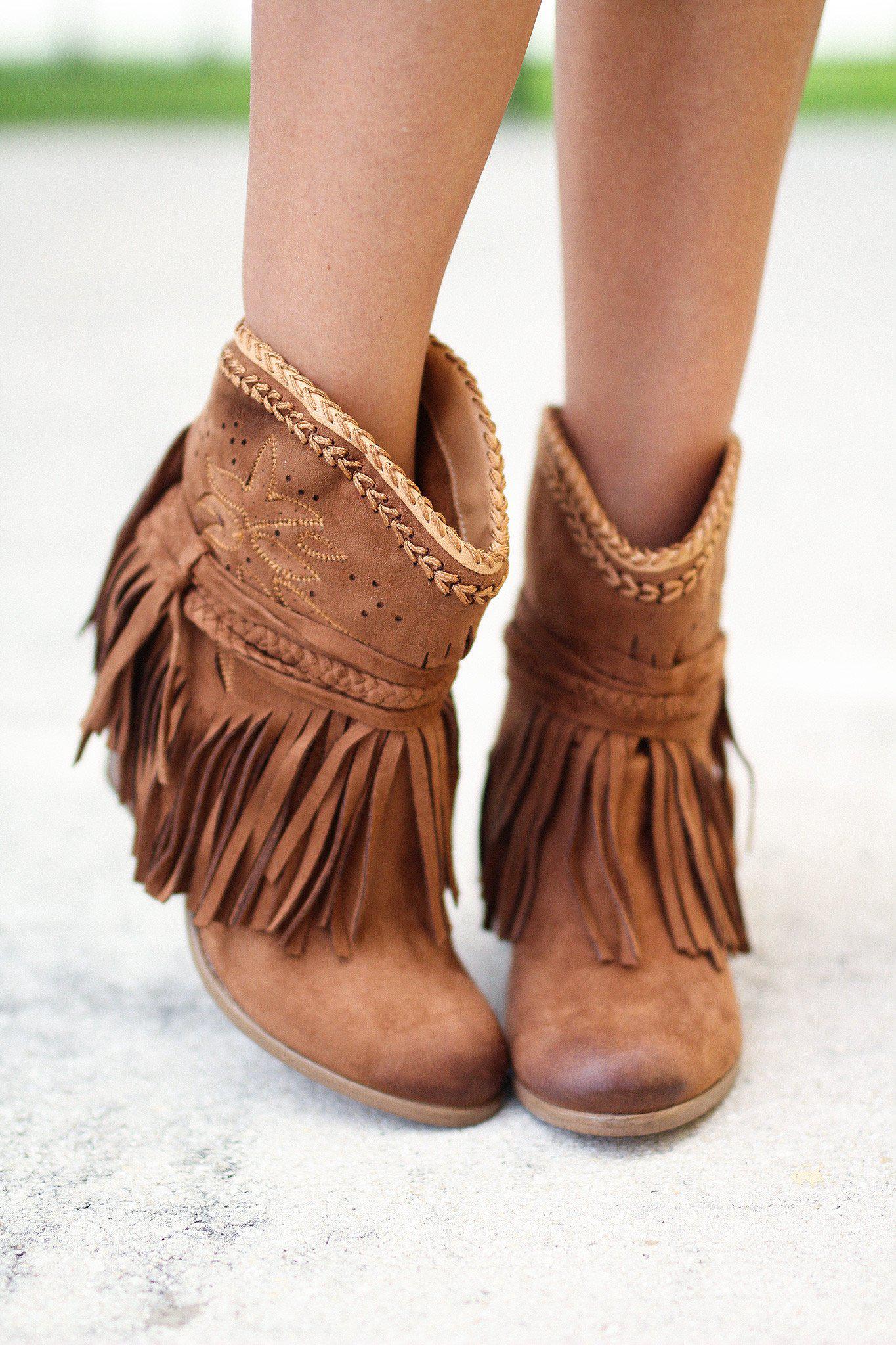 Tan Fringe Perforated Booties | Tan Boots | Online Boutique – Saved by ...
