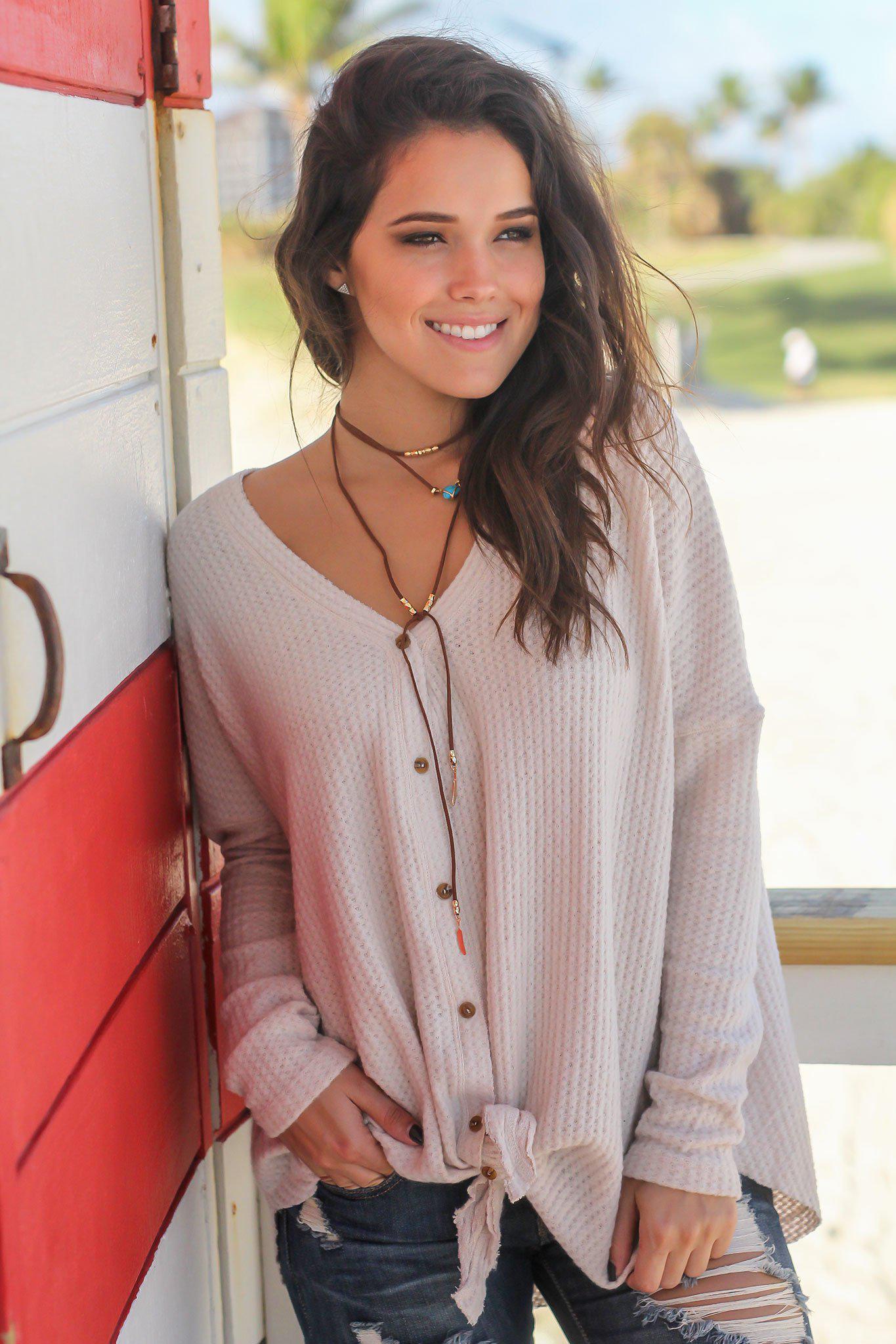 Taupe Knit Oversized Button Down Top | Cute Tops – Saved by the Dress