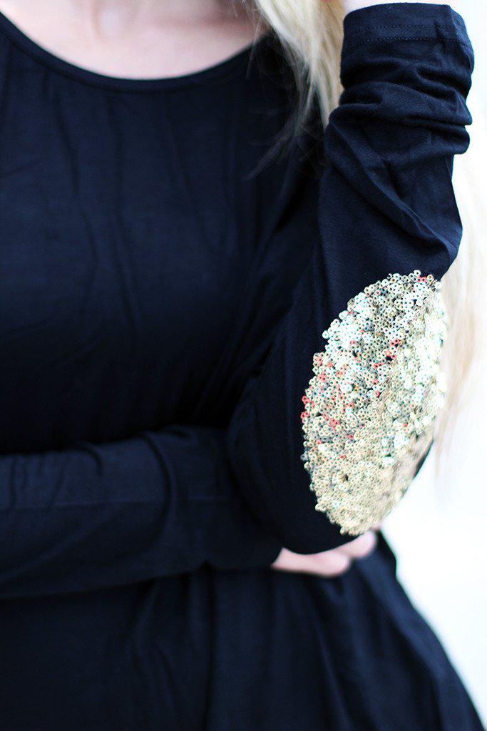 Black Top with Sequin Elbow Patches | Patched Top – Saved by the Dress