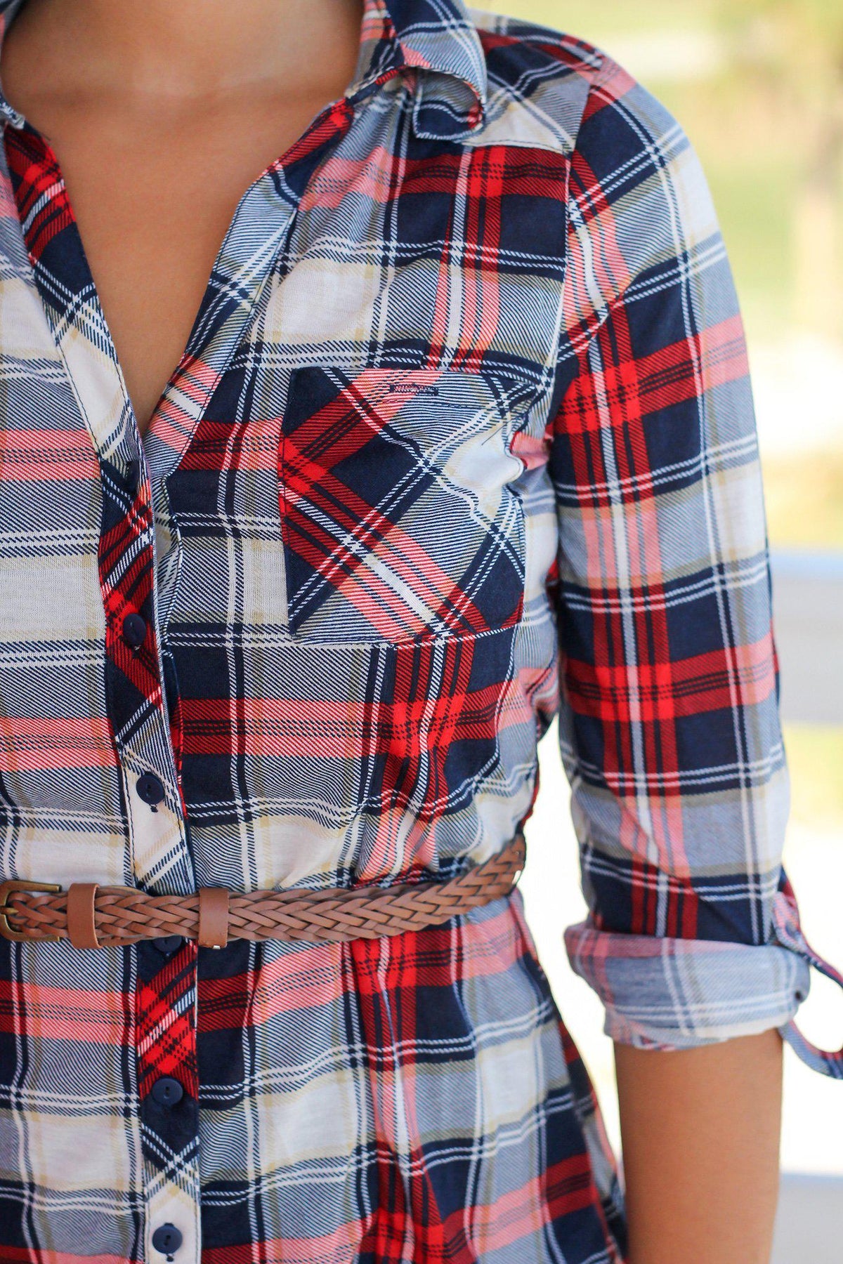 Navy and Red Plaid Tunic with Belt | Cute Tops – Saved by the Dress