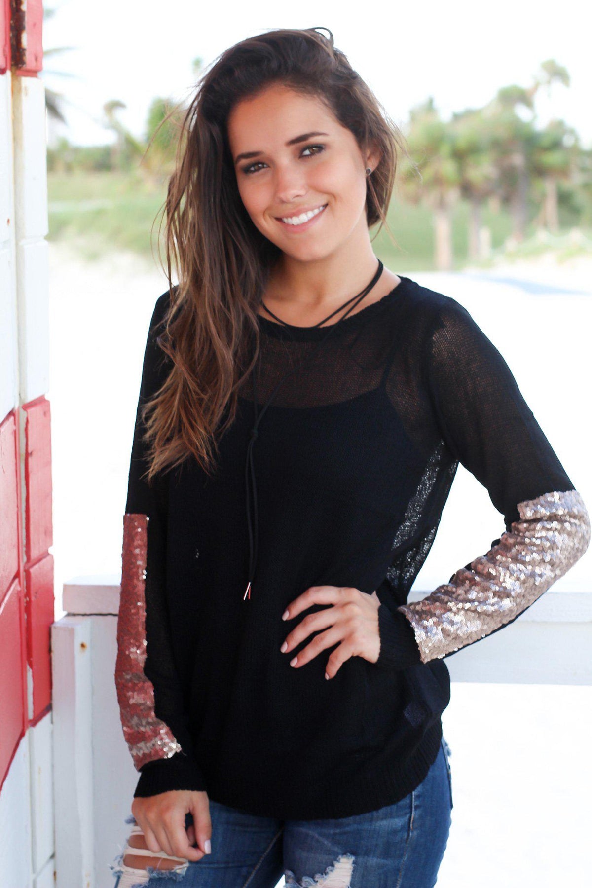 Black Sheer Top with Sequined Sleeves | Cute Tops – Saved by the Dress