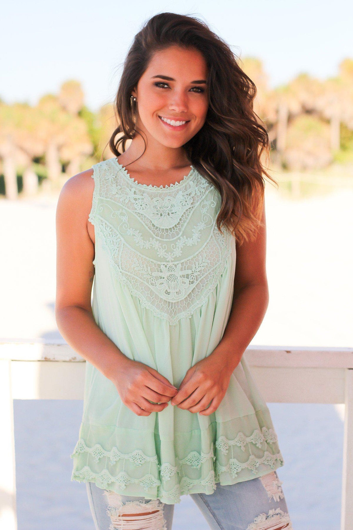 Sage Chiffon Crochet Top | Cute Tops – Saved by the Dress