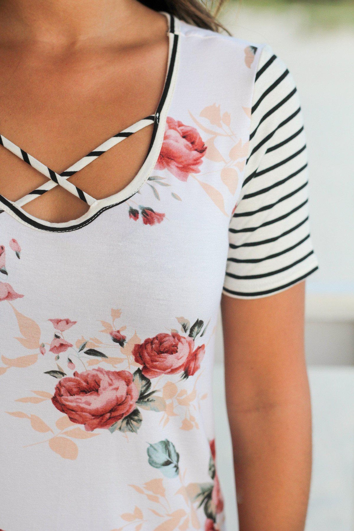 Ivory Floral Striped Criss Cross Top | Cute Tops – Saved by the Dress