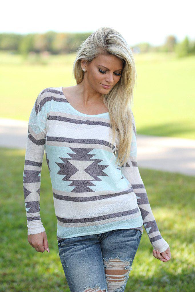 White and Mint Aztec Top | Aztec Top | Aztec Print Top – Saved by the Dress