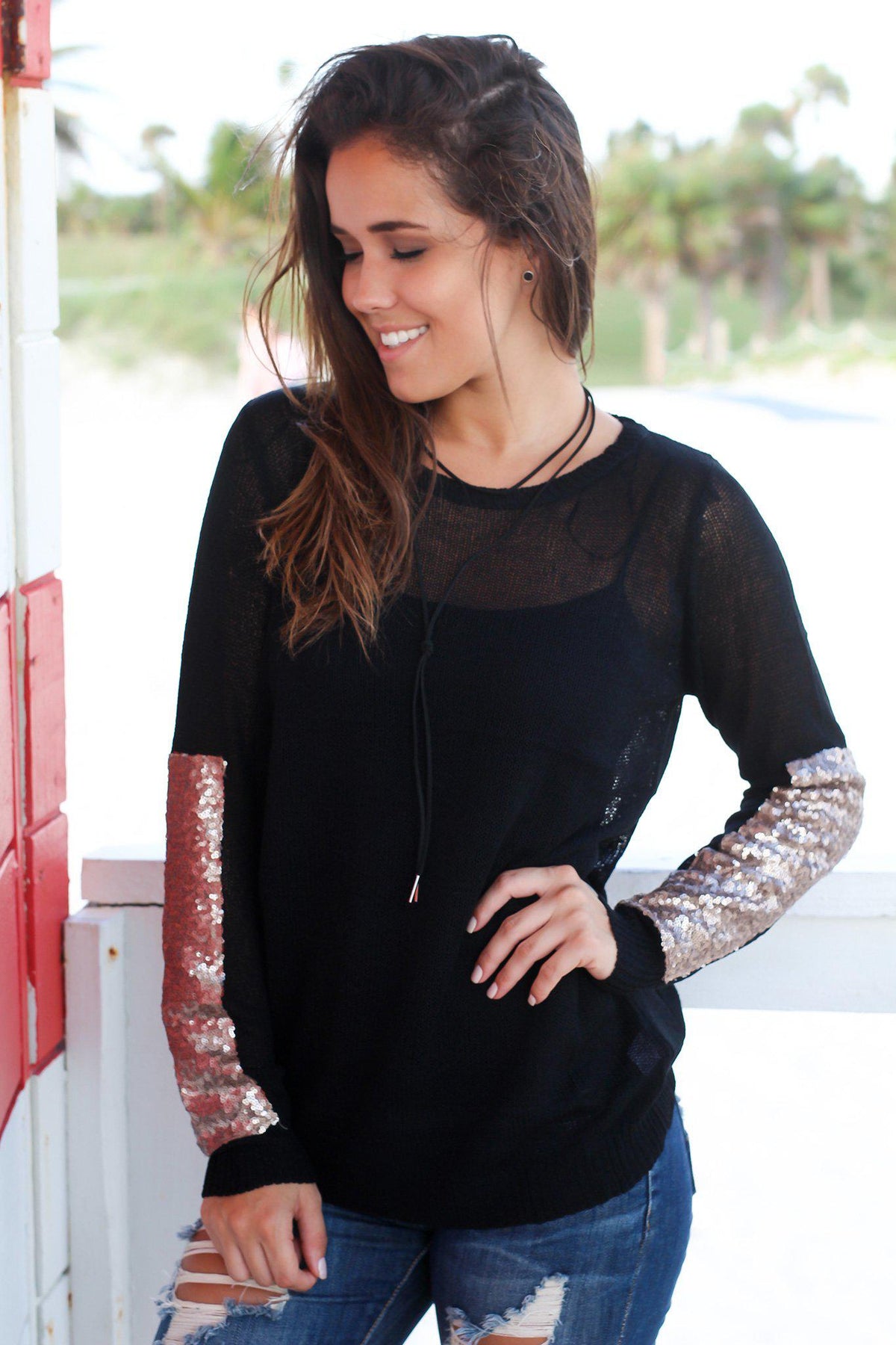 Black Sheer Top with Sequined Sleeves | Cute Tops – Saved by the Dress