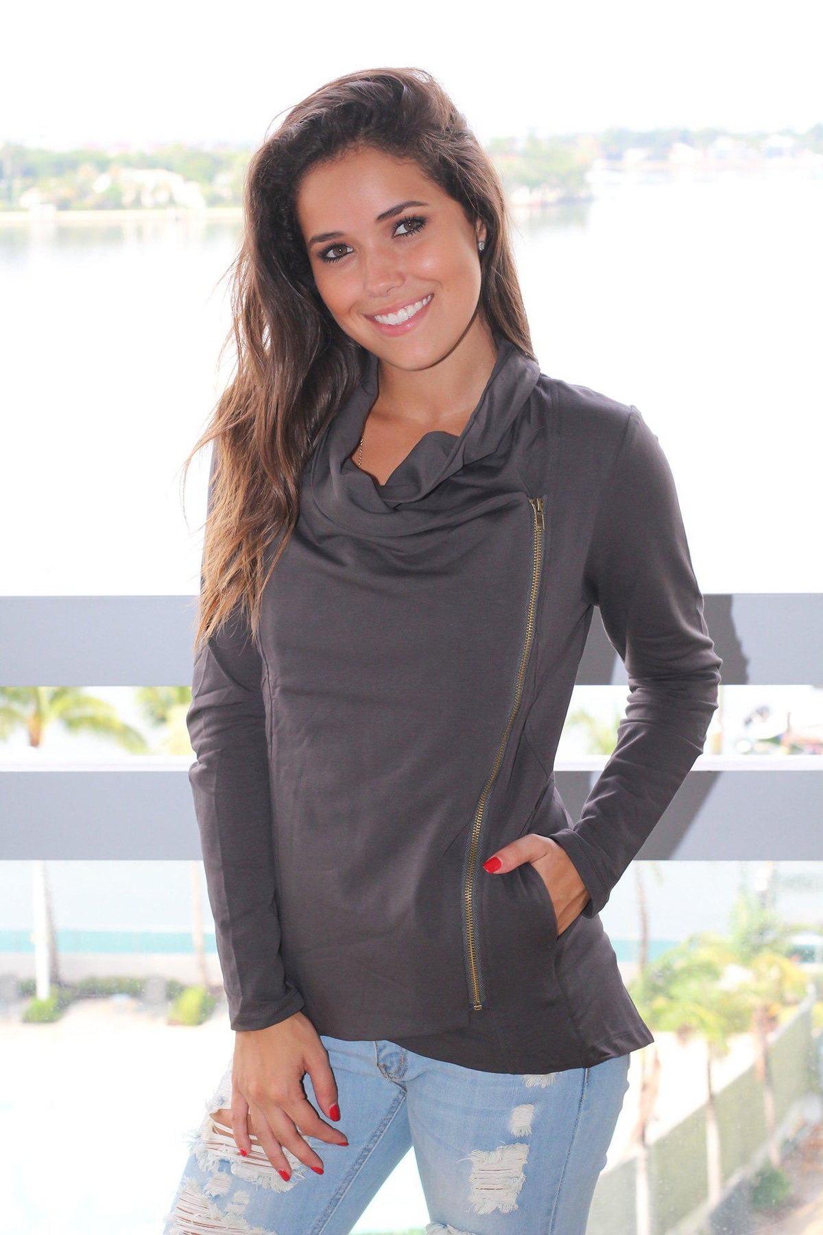 Charcoal Jacket with Side Zipper | Online Boutiques – Saved by the Dress