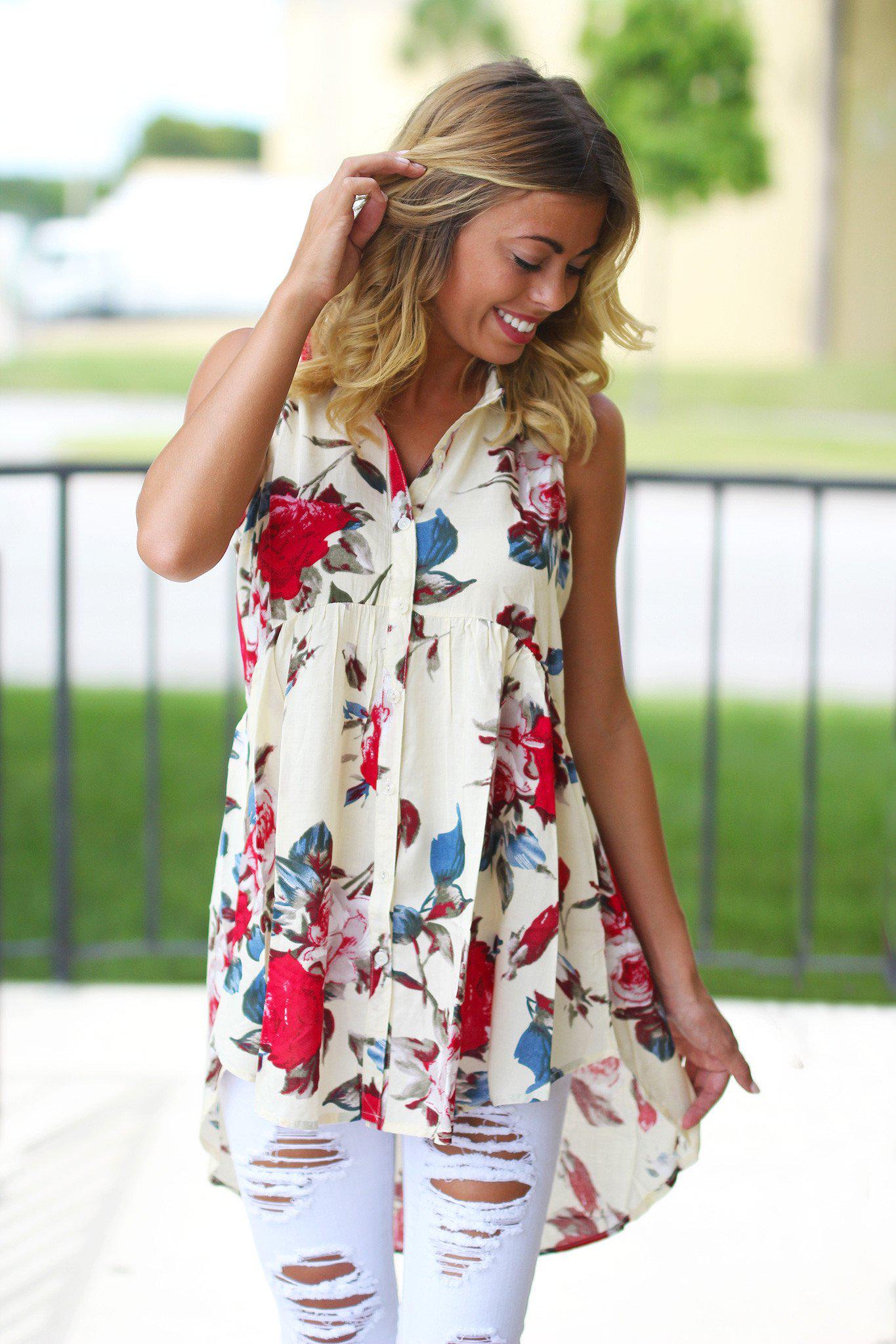 Cream Floral High Low Top | Floral Top | High Low Tunic Top – Saved by ...